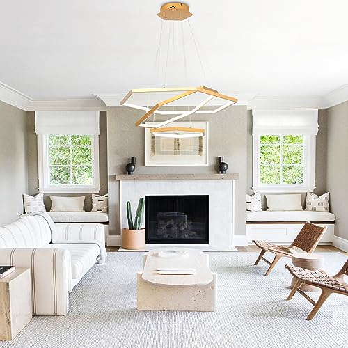 umeiluce 3 Lights Hexagon LED Chandeliers Brushed Gold Finish Chandelier Pendant Light Remote Dimmable Ceiling Hanging Light Fixture for Living Room Bedroom Dining Room