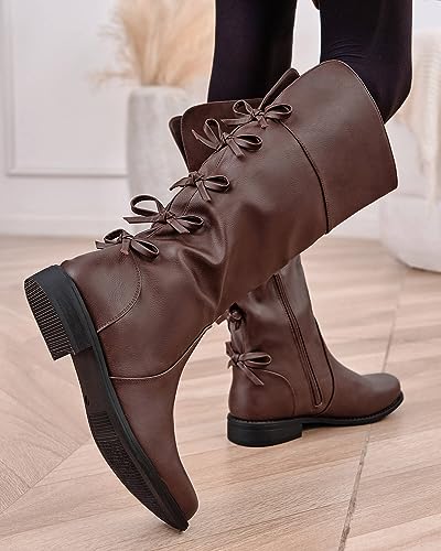 Coutgo Girls Knee High Boot Bowknot Low Chunky Heel Zipper Fashion Winter Riding Boots