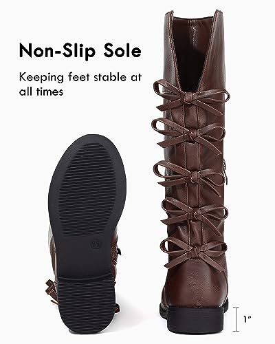 Coutgo Girls Knee High Boot Bowknot Low Chunky Heel Zipper Fashion Winter Riding Boots