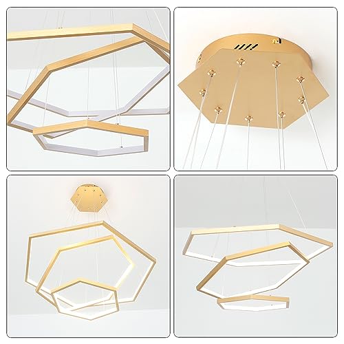 umeiluce 3 Lights Hexagon LED Chandeliers Brushed Gold Finish Chandelier Pendant Light Remote Dimmable Ceiling Hanging Light Fixture for Living Room Bedroom Dining Room