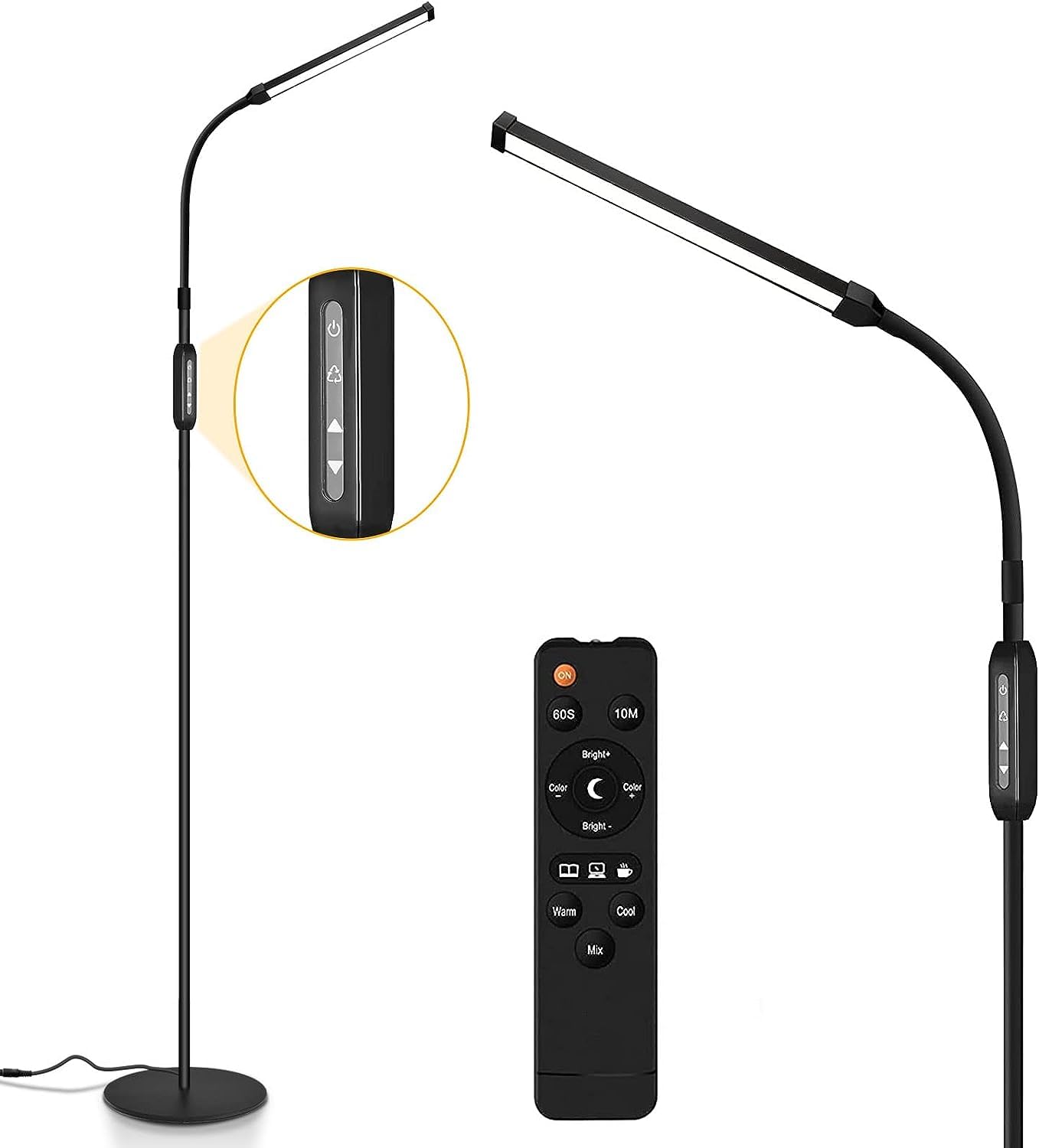 Dragon-Hub Bright Led Floor Lamp with Remote, Floor Light Touch, 3 Colors 5 Brightness 10 Mins Timer, Eyelash Lamp for Eyelash Extensions Lash Light Reading Lamp (Black - R)