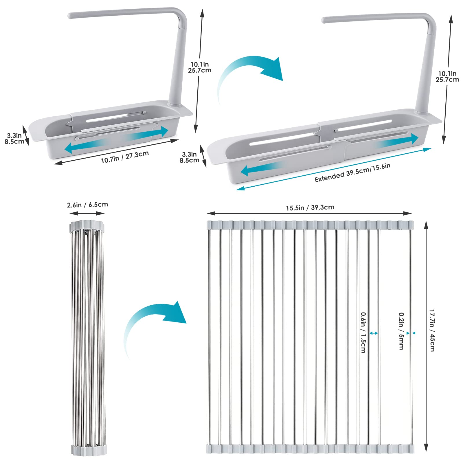 NiHome Roll Up Dish Drying Rack with Sink Caddy Expandable, Over The Sink Dish Drying Rack Portable Stainless Steel Rolling Rack Multipurpose Sponge Holder for Kitchen Sink