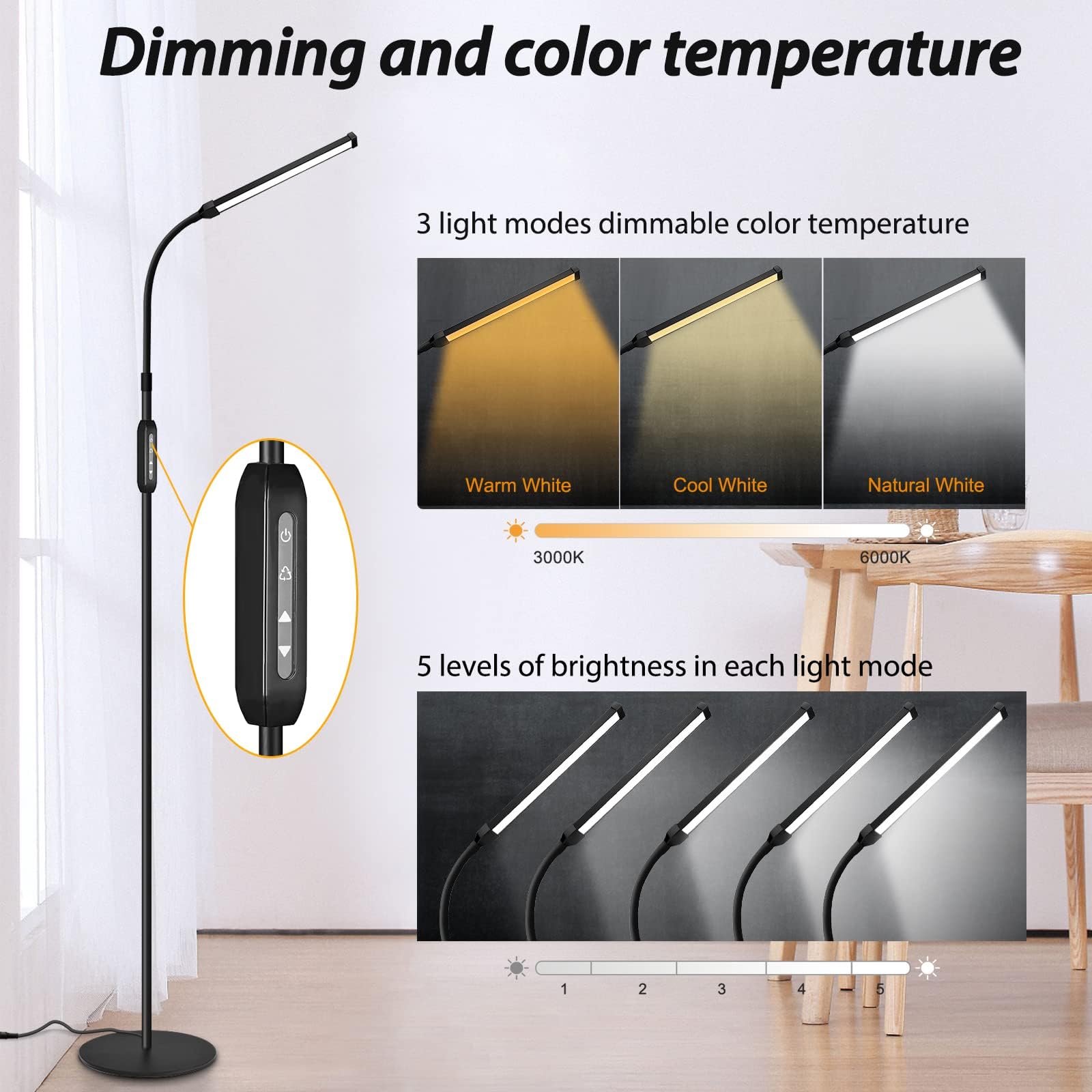 Dragon-Hub Bright Led Floor Lamp with Remote, Floor Light Touch, 3 Colors 5 Brightness 10 Mins Timer, Eyelash Lamp for Eyelash Extensions Lash Light Reading Lamp (Black - R)