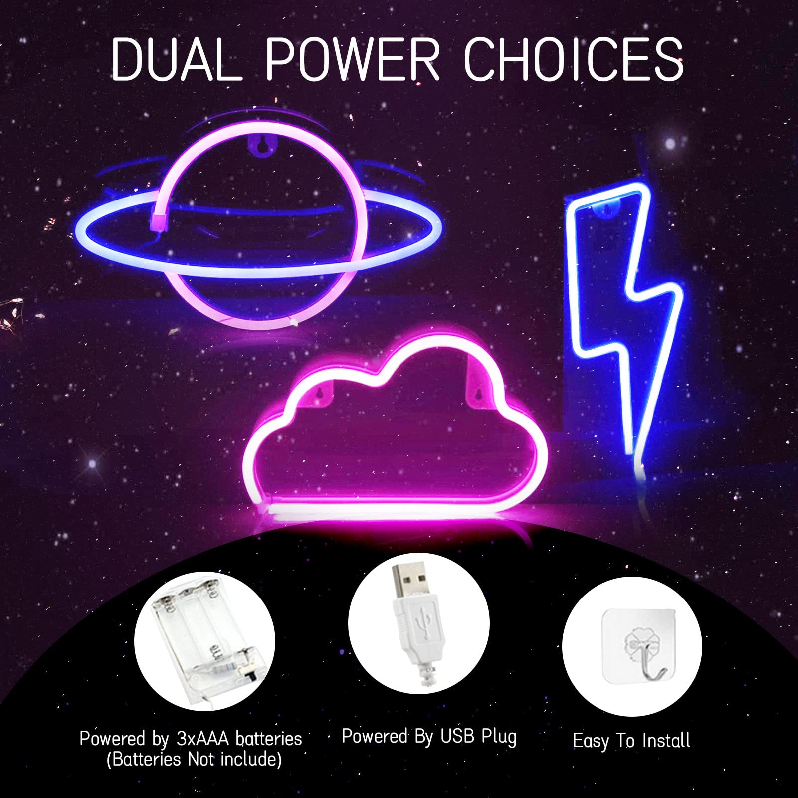 VIOPVERY 3 Pcs Neon Cloud Lightning Planet Signs for Bedroom Wall Decor, LED Lights for Kids Room, Gift, Party, Birthday, Christmas, Wedding, Bar