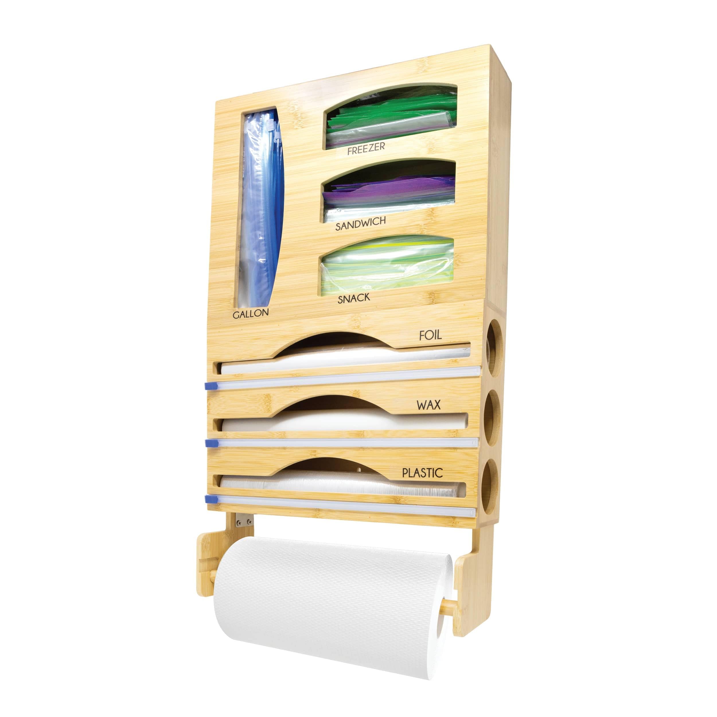 Foil and Plastic Wrap Organizer - Zip Lock Bag Organizer Plastic Wrap Dispenser with Cutter â Premium Bamboo Plastic Bag Organizer with Paper Towel Holder â Easy Installation
