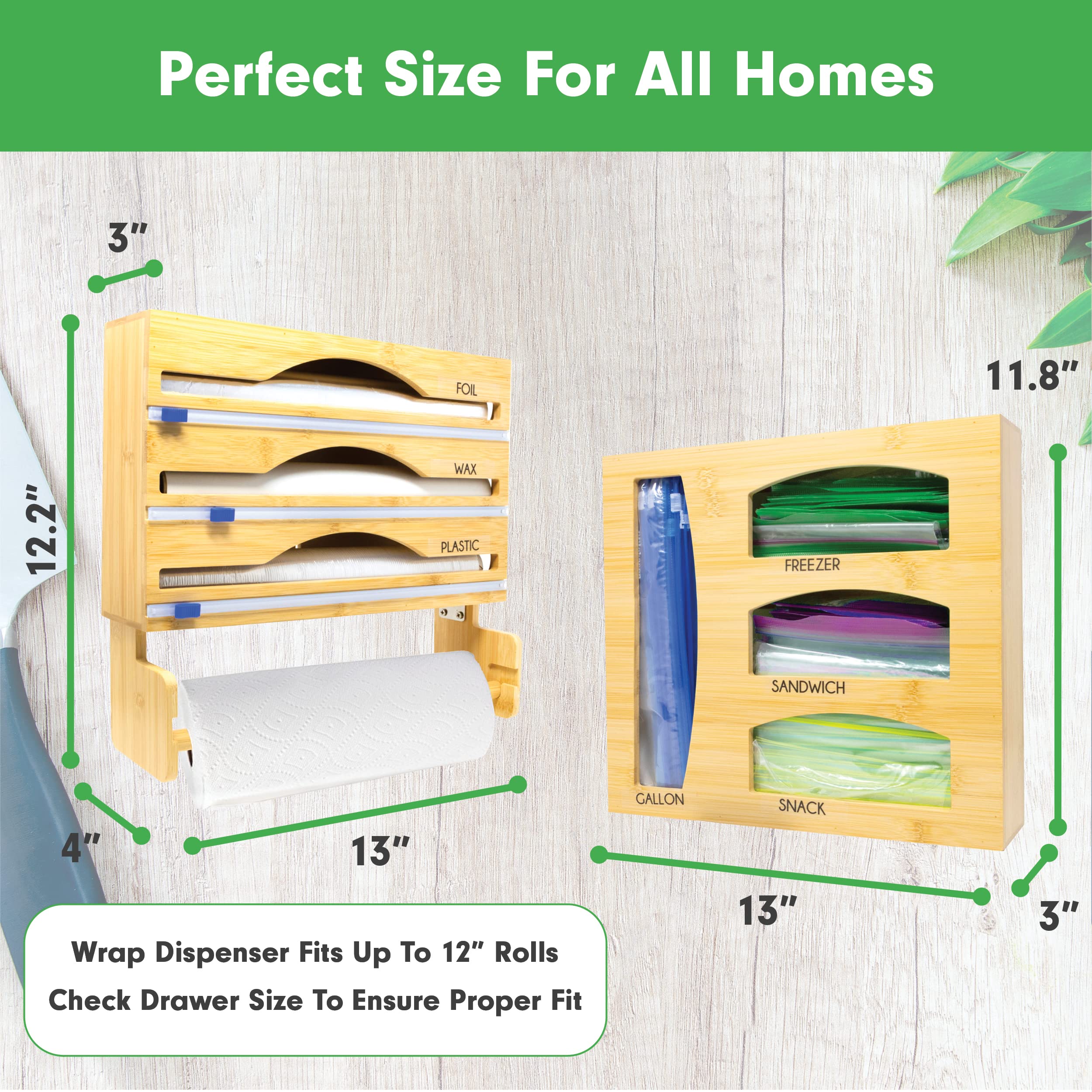 Foil and Plastic Wrap Organizer - Zip Lock Bag Organizer Plastic Wrap Dispenser with Cutter – Premium Bamboo Plastic Bag Organizer with Paper Towel Holder – Easy Installation