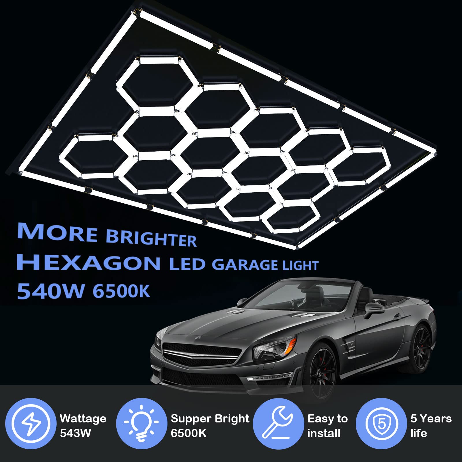 soges Hexagon Led Garage Light,14 Grid Systems Led Shop Lights for Garage/Workshop/Car Detailing Shop/Salon with White Border, 6500K,64720LM,534W, AC 100-240V 95.7(W) x 190.5 (L) Inch