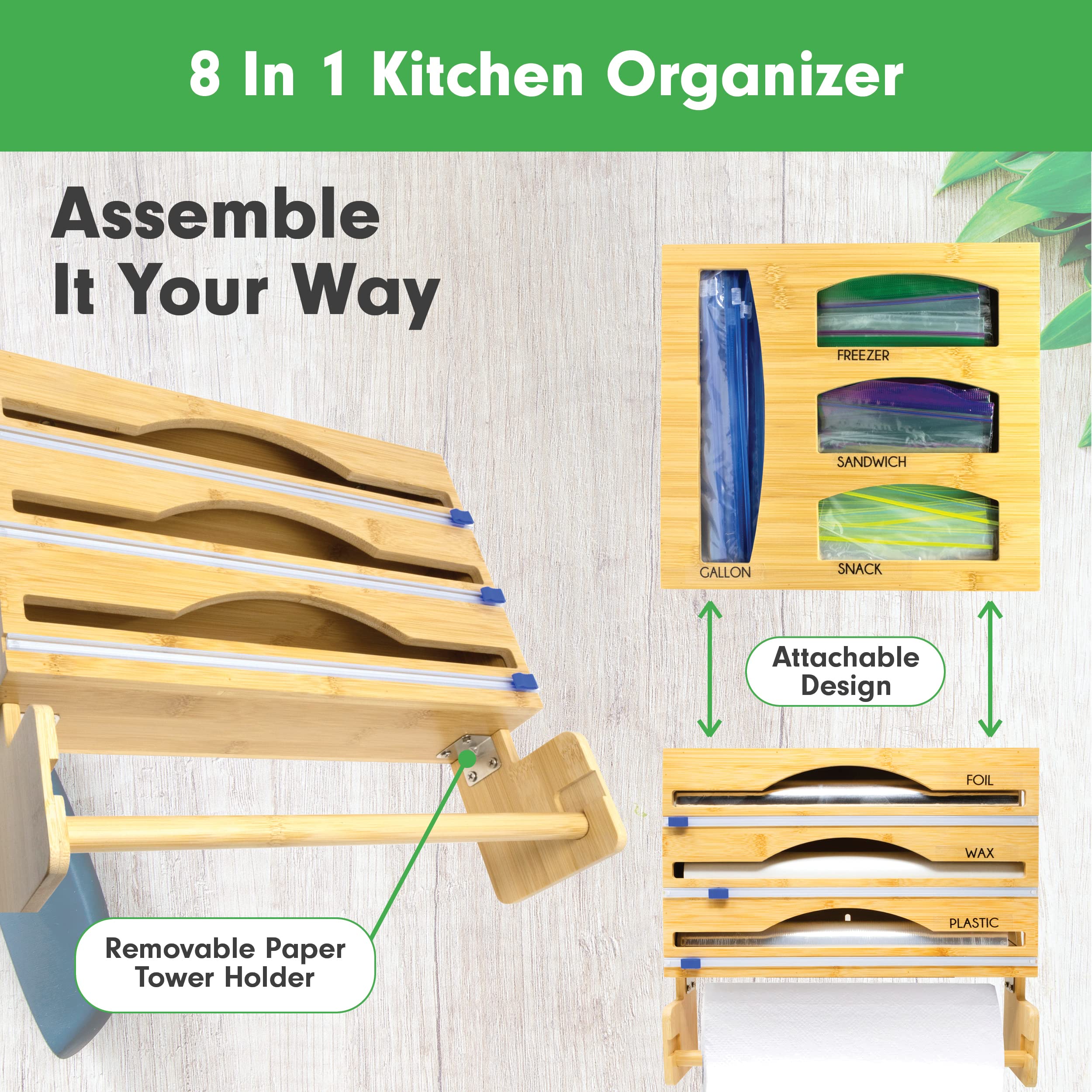 Foil and Plastic Wrap Organizer - Zip Lock Bag Organizer Plastic Wrap Dispenser with Cutter – Premium Bamboo Plastic Bag Organizer with Paper Towel Holder – Easy Installation