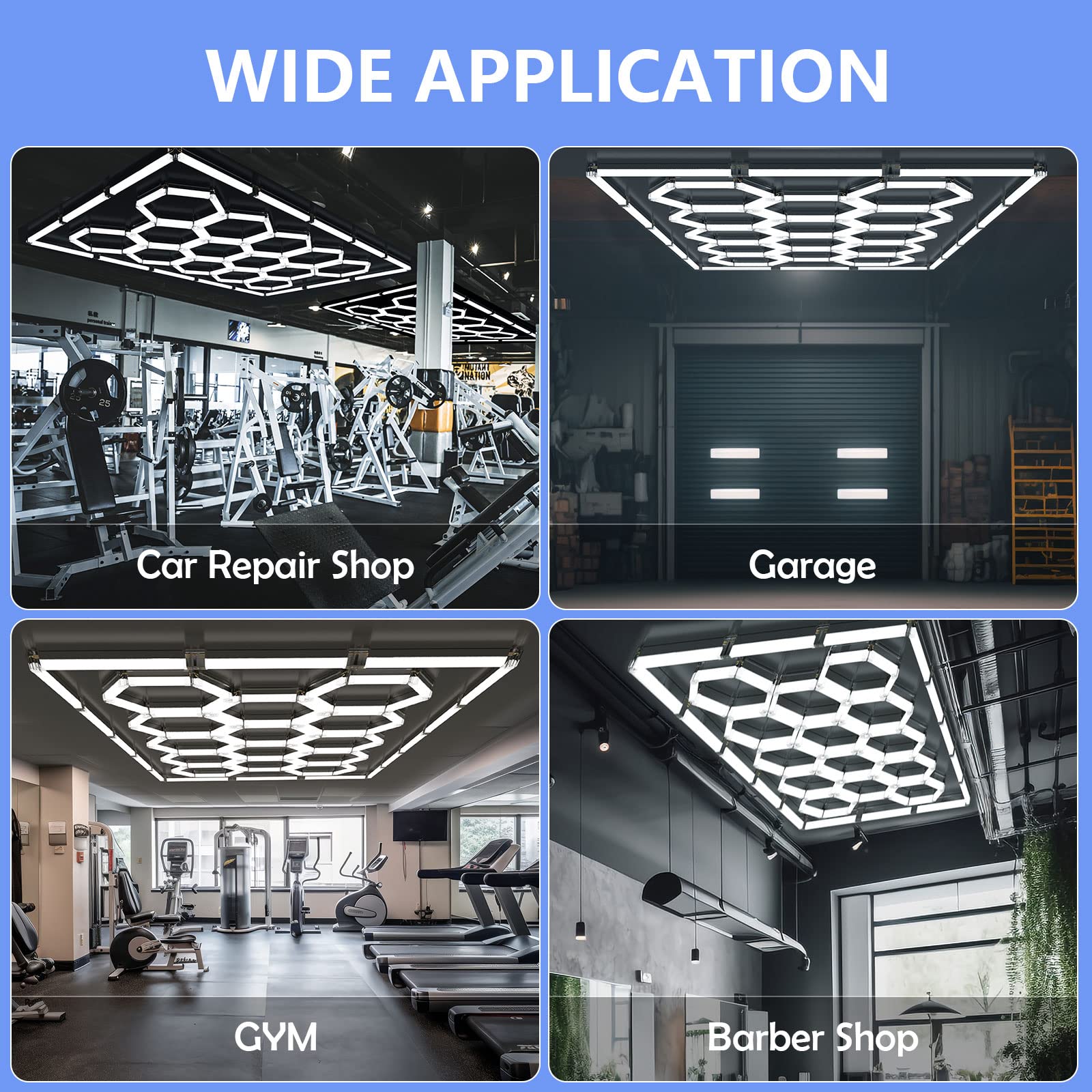 soges Hexagon Led Garage Light,14 Grid Systems Led Shop Lights for Garage/Workshop/Car Detailing Shop/Salon with White Border, 6500K,64720LM,534W, AC 100-240V 95.7(W) x 190.5 (L) Inch