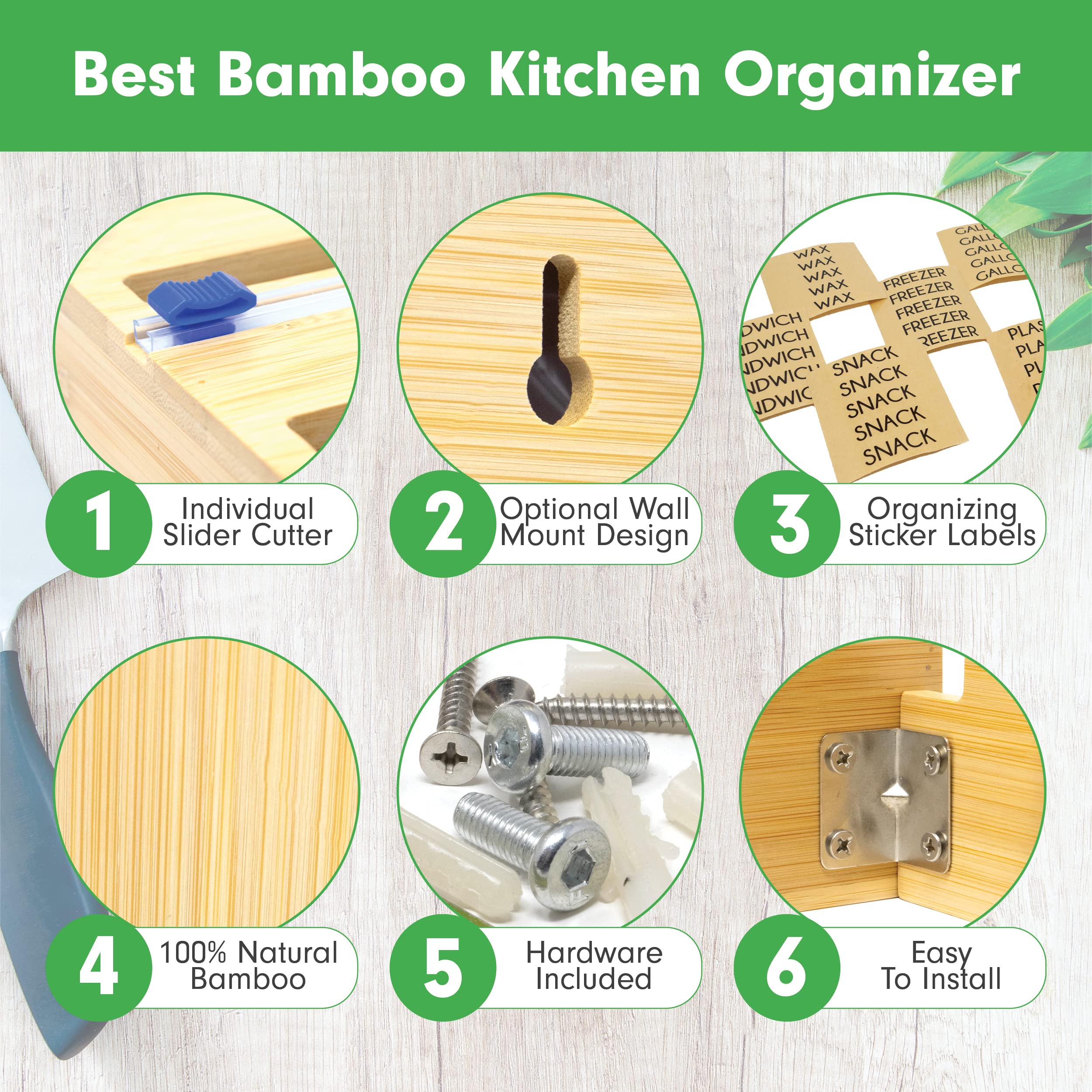 Foil and Plastic Wrap Organizer - Zip Lock Bag Organizer Plastic Wrap Dispenser with Cutter – Premium Bamboo Plastic Bag Organizer with Paper Towel Holder – Easy Installation