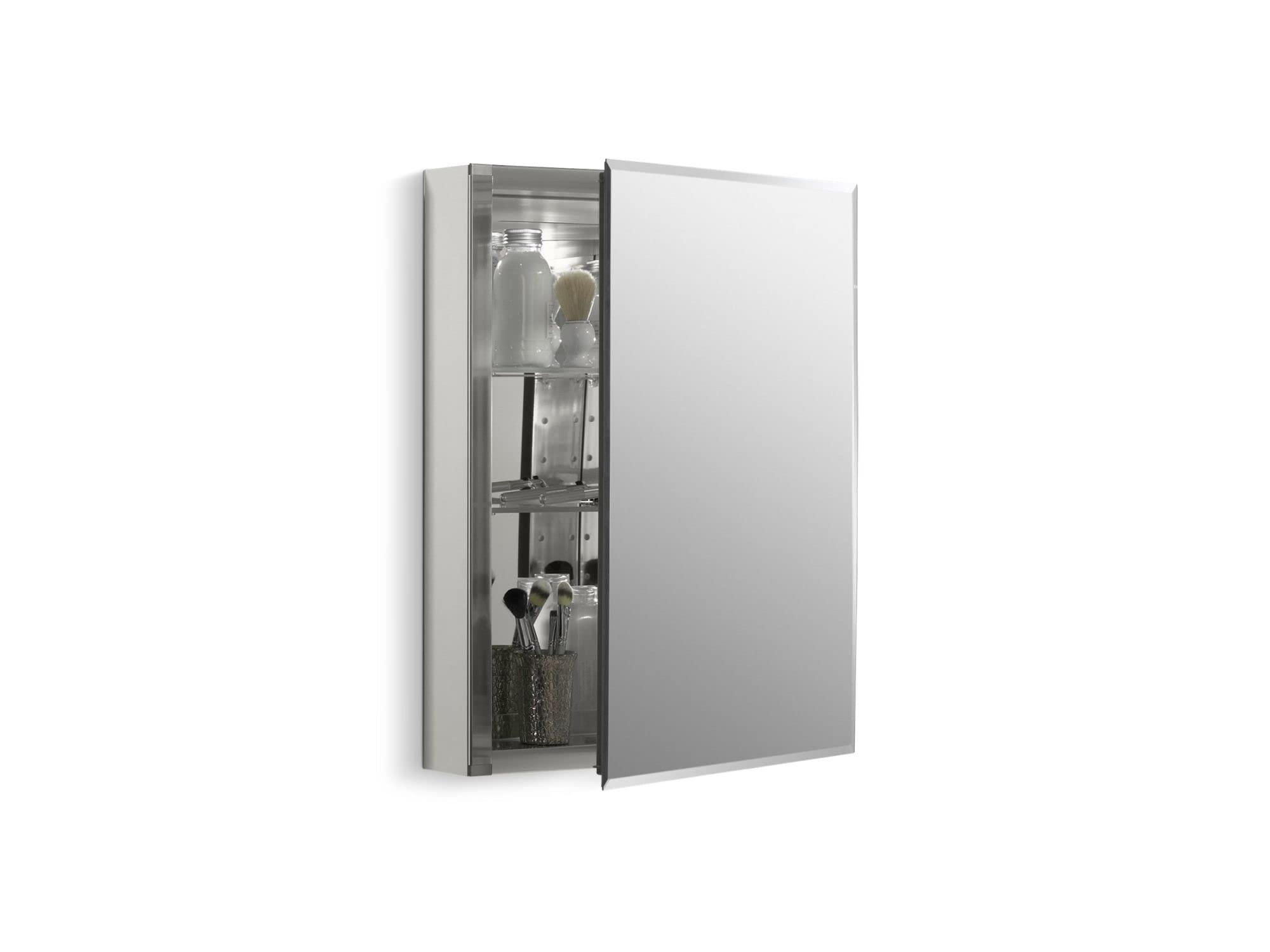 KOHLER CLC Flat, Single Medicine Cabinet with Mirrored Door, 20” Width x 26” Height, Aluminum, Frameless with Beveled Edges, One Size, Silver