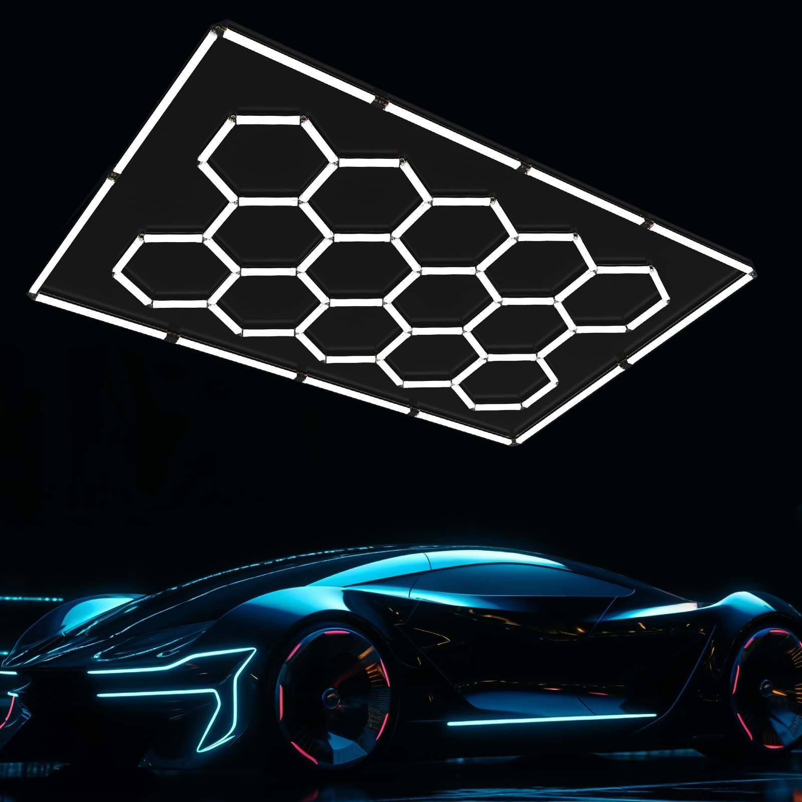 soges Hexagon Led Garage Light,14 Grid Systems Led Shop Lights for Garage/Workshop/Car Detailing Shop/Salon with White Border, 6500K,64720LM,534W, AC 100-240V 95.7(W) x 190.5 (L) Inch