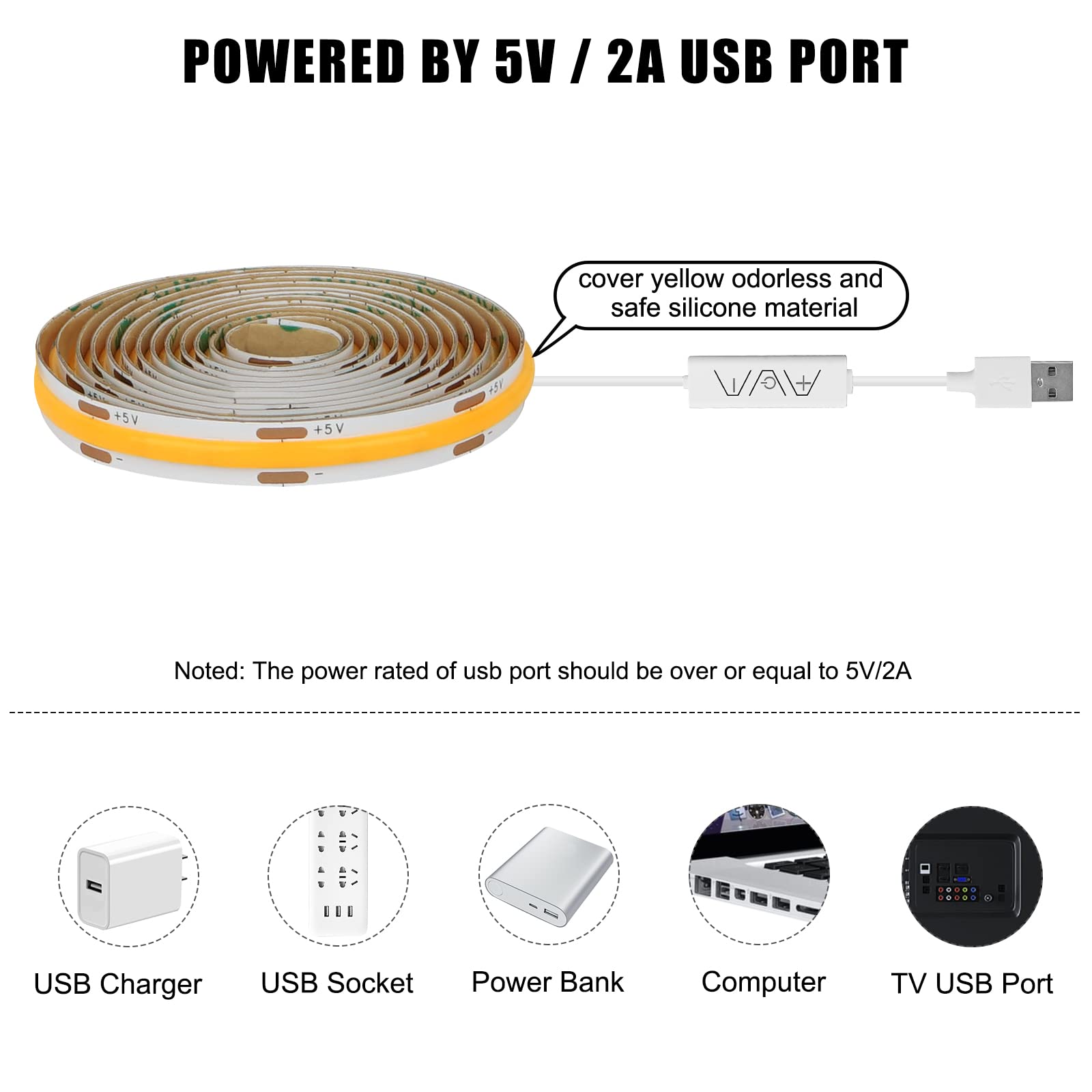 Tatazone 5V Yellow USB COB Led Strip Light with RF Remote, 4.92ft 2000K Dimmable USB Powered Amber COB Led Light Strip, Indoor COB Led Rope Light for Cabinet, TV, Kitchen, Monitor, Showcase