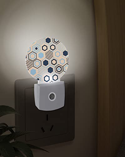 ILYBEEN Minimalist Geometric Blue Hexagon LED Night Lights Plug-in Nightlight with Auto Dusk to Dawn Sensor,Stripe on Burlap Linen Texture Round Lamp for Bedroom,Hallway,Bathroom