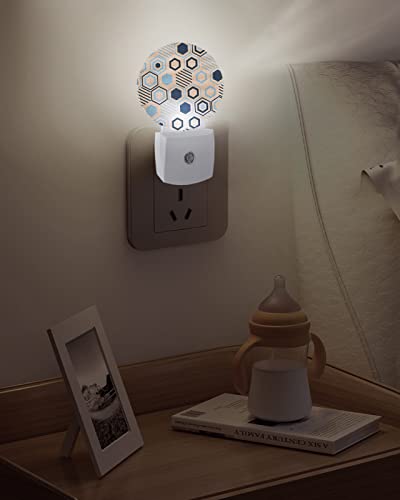 ILYBEEN Minimalist Geometric Blue Hexagon LED Night Lights Plug-in Nightlight with Auto Dusk to Dawn Sensor,Stripe on Burlap Linen Texture Round Lamp for Bedroom,Hallway,Bathroom