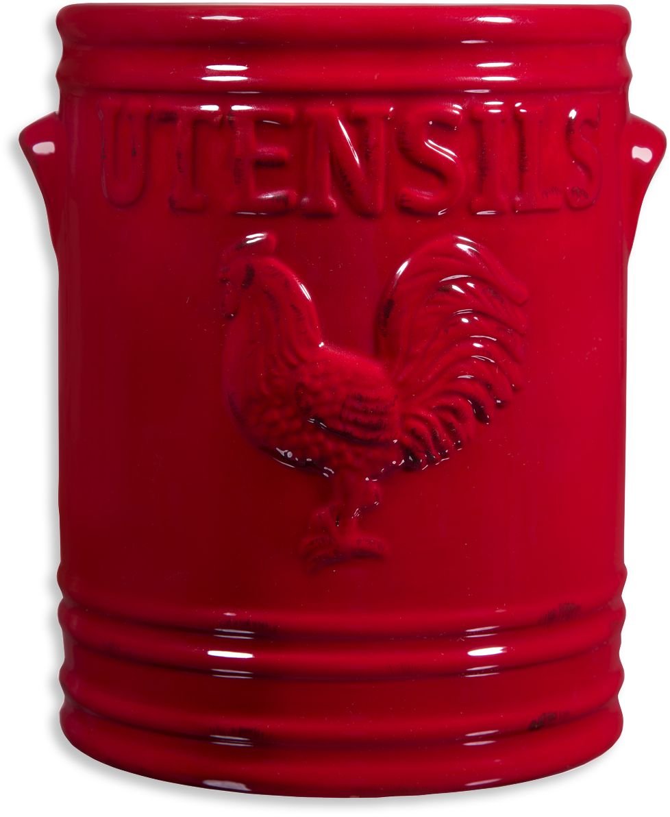 MosJos Kitchen Utensil Holder for Countertop - Large 7โ Rustic Ceramic Utensil Crock - Dishwasher-Friendly Rooster Cooking Utensil Organizer Caddy for Farmhouse Kitchen Decor .red