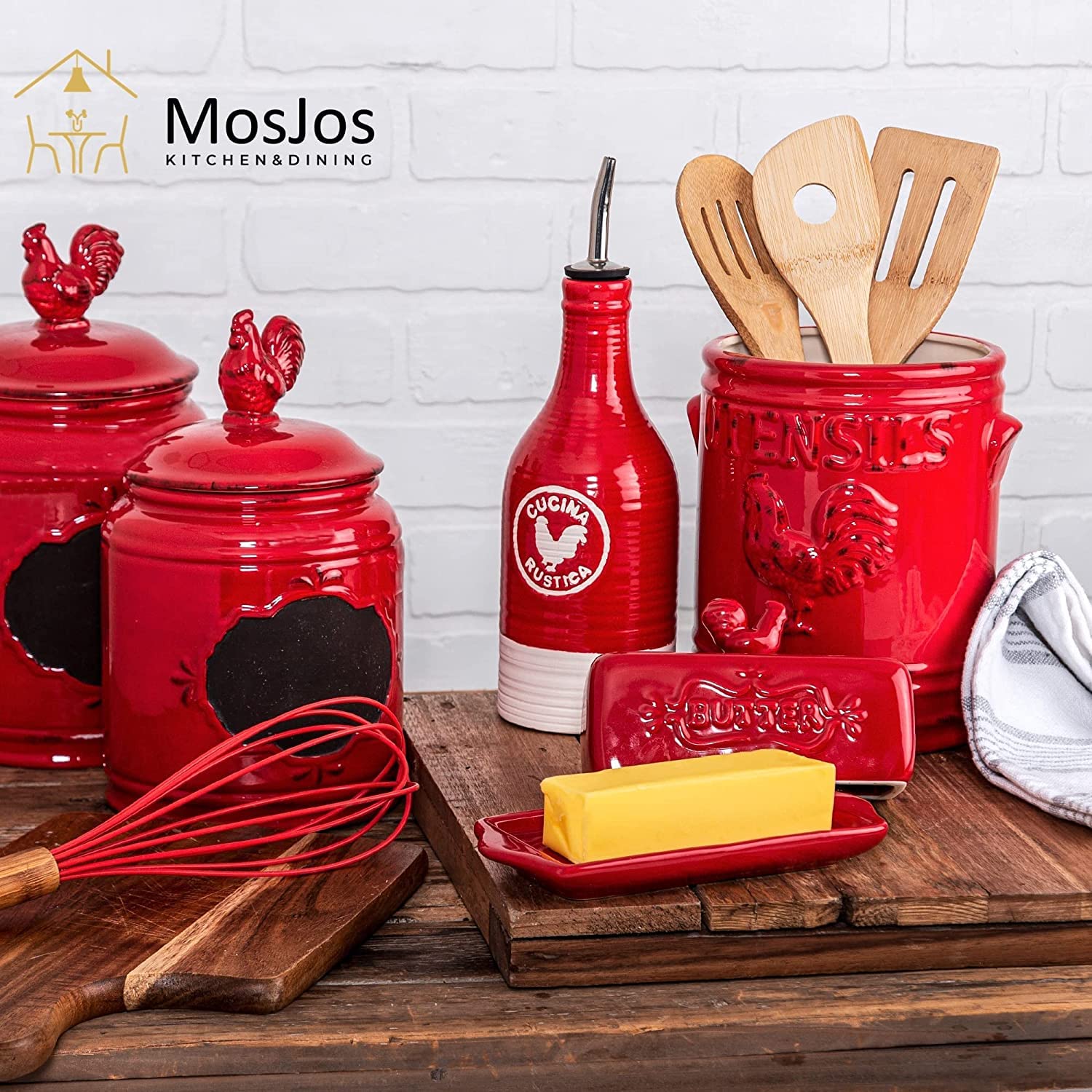 MosJos Kitchen Utensil Holder for Countertop - Large 7” Rustic Ceramic Utensil Crock - Dishwasher-Friendly Rooster Cooking Utensil Organizer Caddy for Farmhouse Kitchen Decor .red