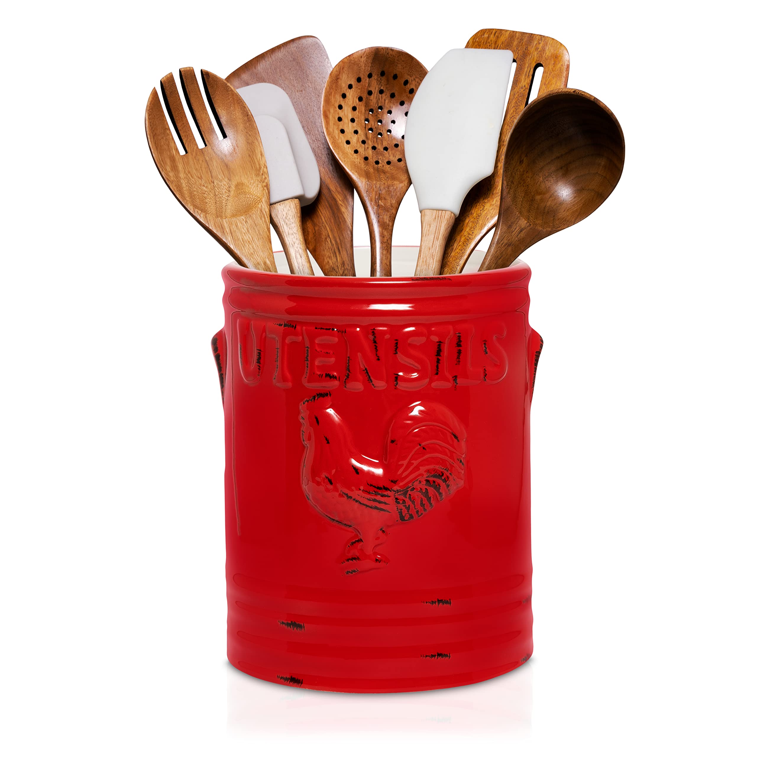 MosJos Kitchen Utensil Holder for Countertop - Large 7” Rustic Ceramic Utensil Crock - Dishwasher-Friendly Rooster Cooking Utensil Organizer Caddy for Farmhouse Kitchen Decor .red