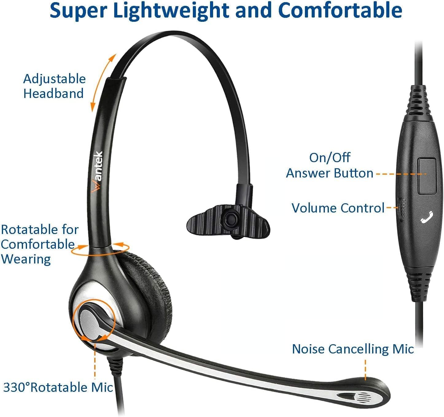 Phone Headset 2.5mm with Microphone Noise Cancelling & Volume Controls, Telephone Headphone Compatible with Panasonic Dect 6.0 Phones, Comfort-Fit Telephone Headset for AT&T Vtech Cordless Phones