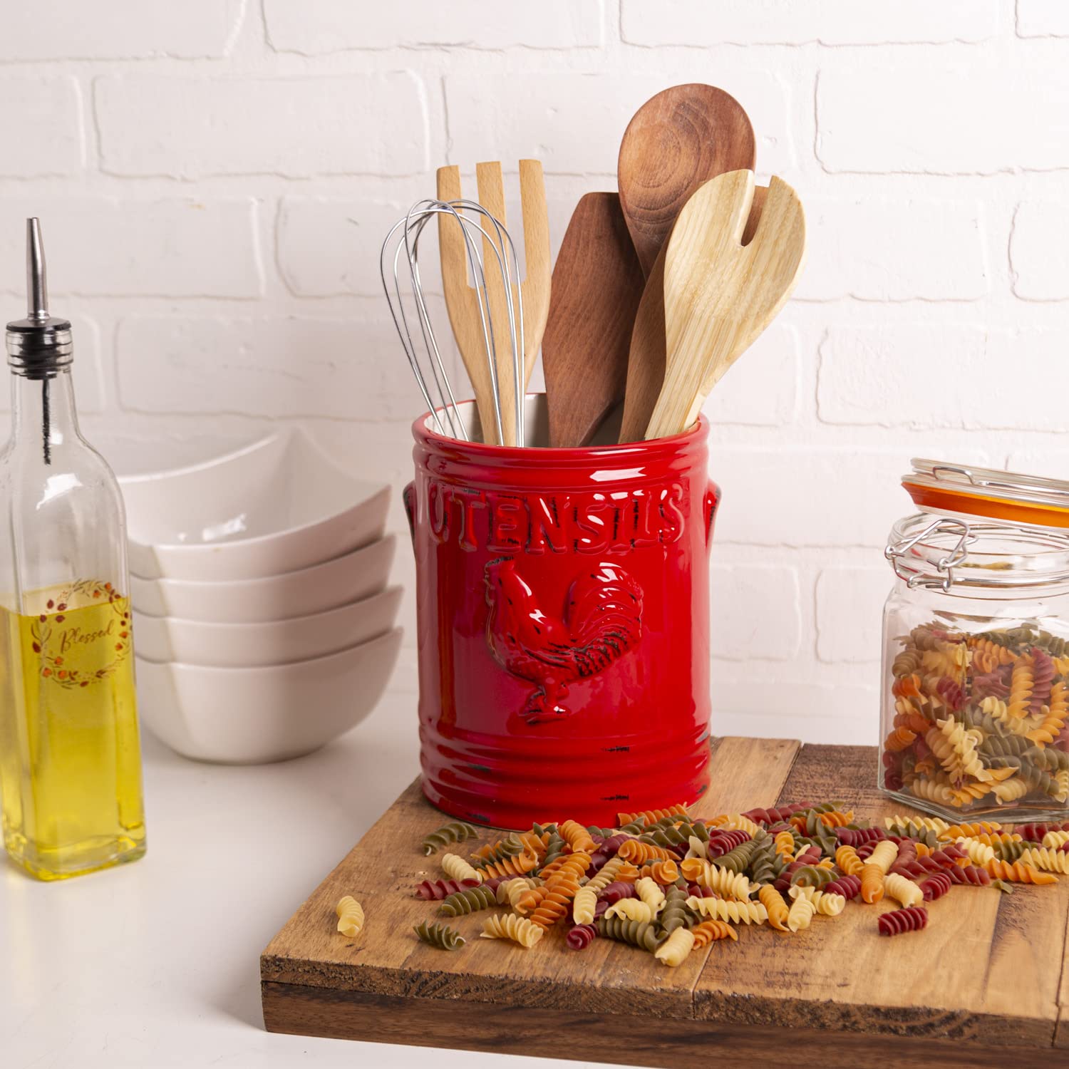 MosJos Kitchen Utensil Holder for Countertop - Large 7” Rustic Ceramic Utensil Crock - Dishwasher-Friendly Rooster Cooking Utensil Organizer Caddy for Farmhouse Kitchen Decor .red