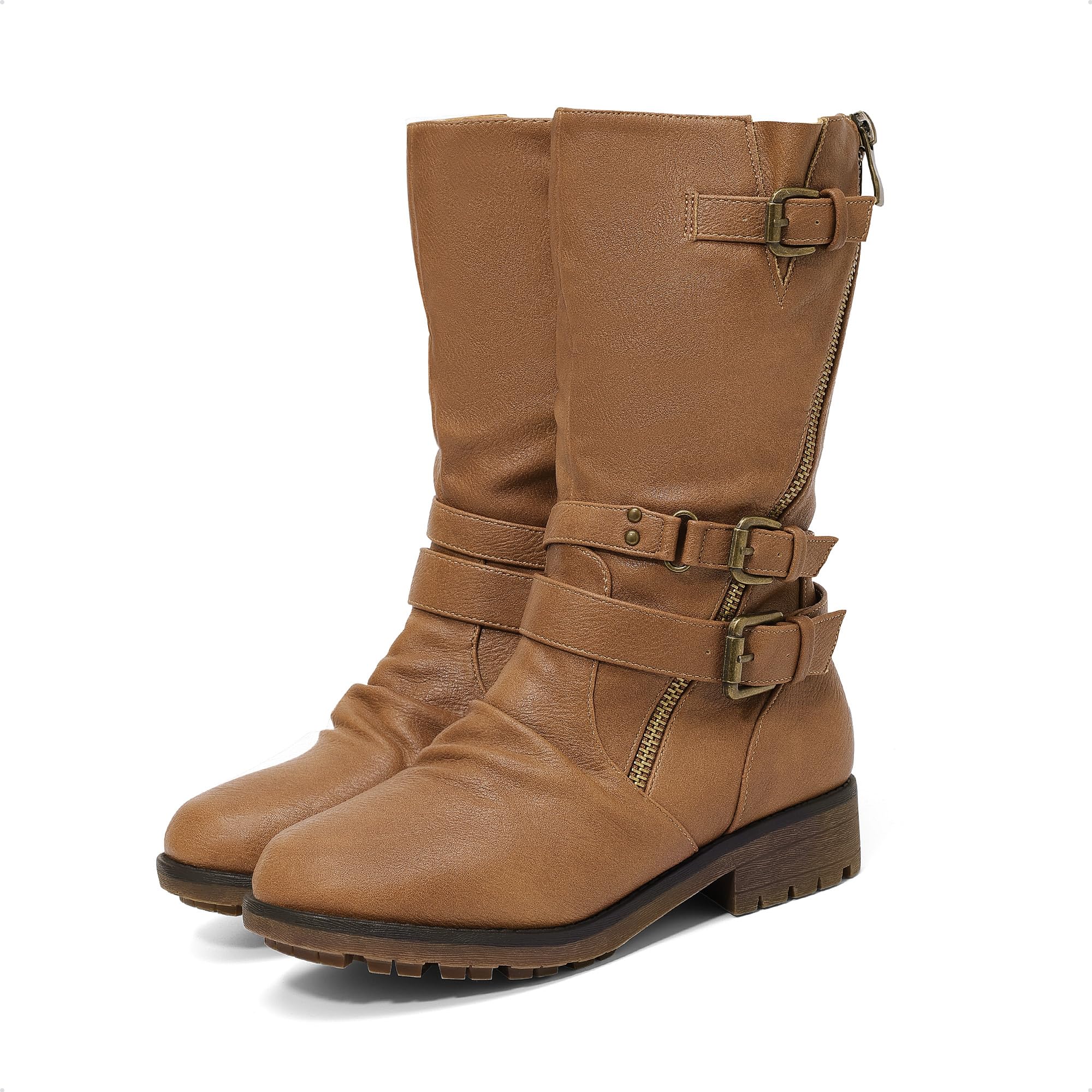 DREAM PAIRS Girls Buckle Zipper Knee High Winter Boots,Size 4 Big Kid,Camel,Atlanta-K