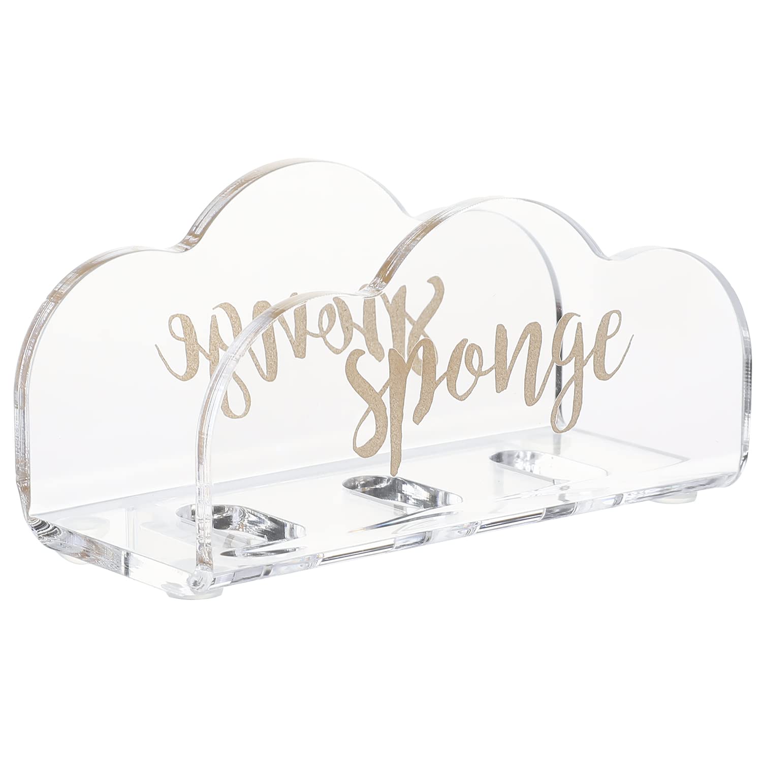 MyGift Decorative Clear Acrylic Kitchen Sink Sponge Holder with Draining Holes and Gold Curvie SPONGE Wording Design