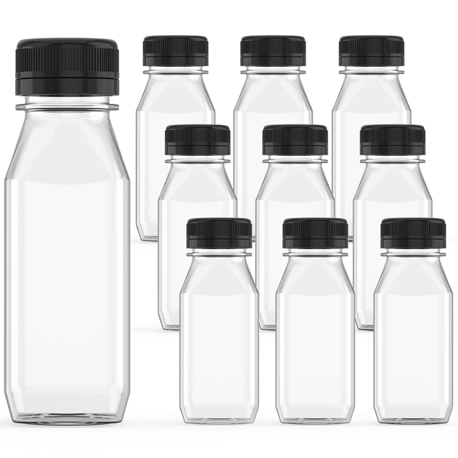 3 Pcs 8 oz Plastic Juice Bottle Reusable Transparent Bulk Beverage Containers for Juice, Milk And Other With Black Lids