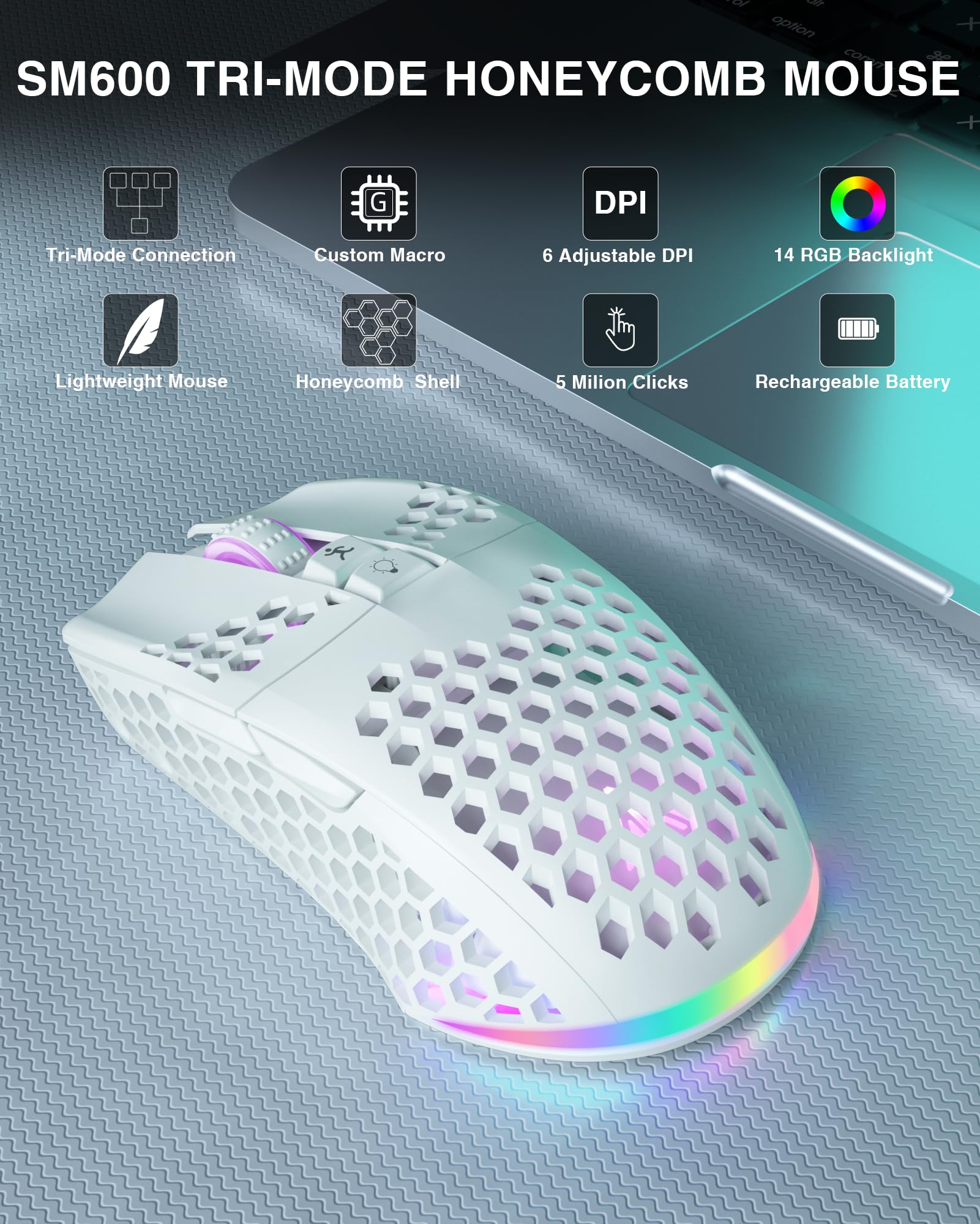 SOLAKAKA SM600 White Wireless Gaming Mouse,8000 DPI Tri-Modes BT5.1/Type-C Wired/2.4G Wireless Mouse with 2 Side Buttons, Programmable Macro Gamer Mouse with RGB Light for Laptop/PC/Mac