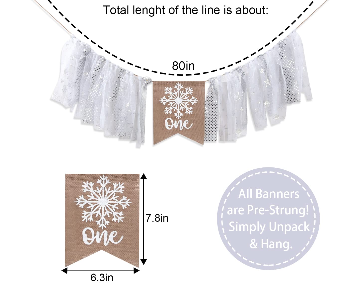 White Snowflake High Chair Banner - White Winter Onederland, White Snowflake 1st Birthday, Snowflake White & Burlap Farmhouse Birthday Banner