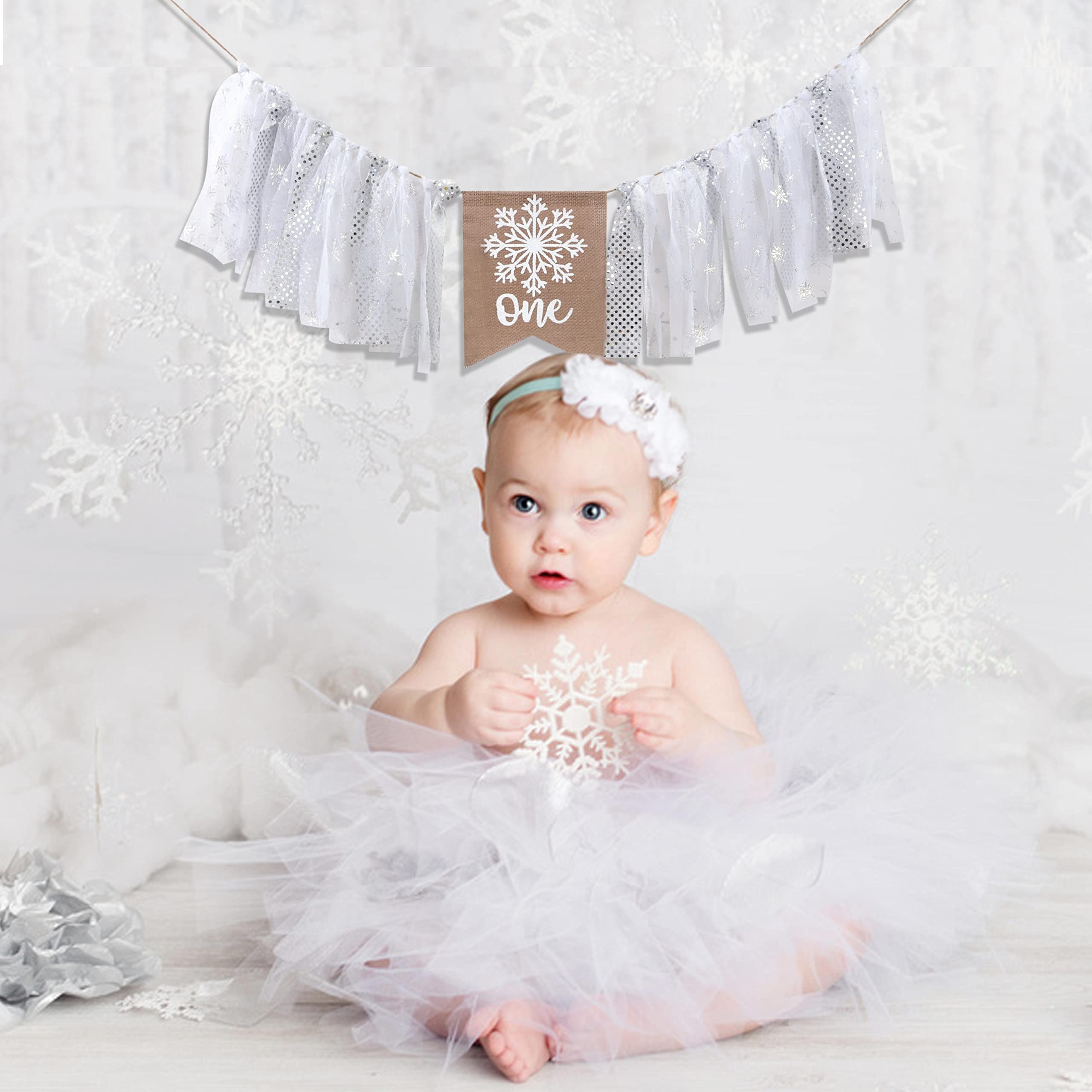 White Snowflake High Chair Banner - White Winter Onederland, White Snowflake 1st Birthday, Snowflake White & Burlap Farmhouse Birthday Banner