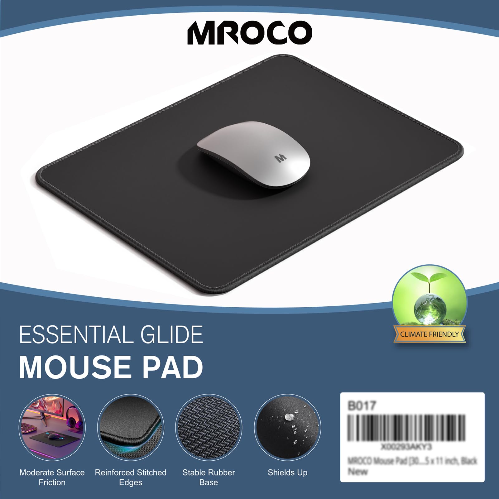 MROCO Mouse Pad [30% Larger] with Non-Slip Rubber Base, Premium-Textured & Waterproof Computer Mousepad with Stitched Edges, Mouse Pads for Computers, Laptop, Gaming, Office & Home, 8.5 x 11 in, Black