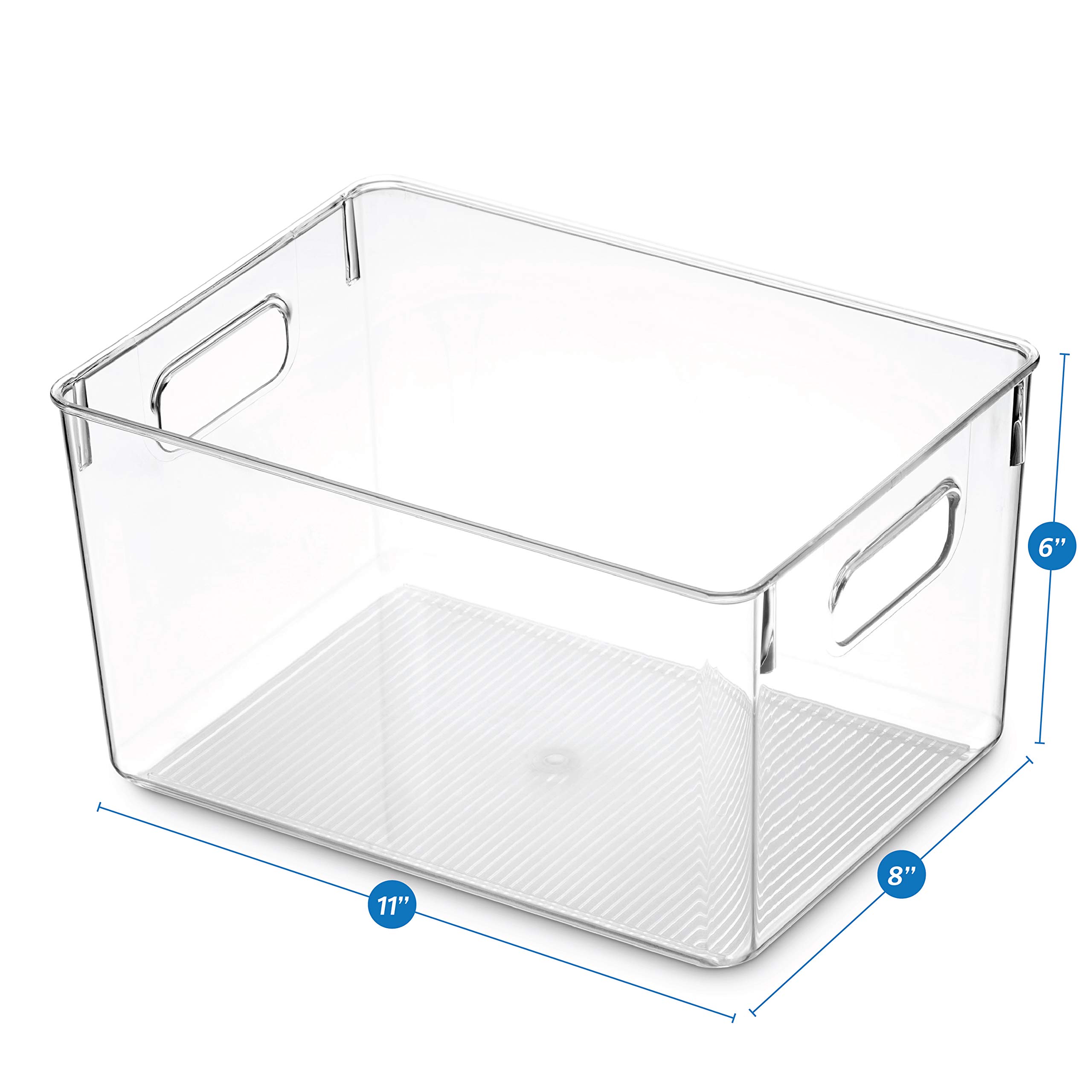 Set Of 4 Clear Pantry Organizer Bins Household Plastic Food Storage Basket with Cutout Handles for Kitchen, Countertops, Cabinets, Refrigerator, Freezer, Bedrooms, Bathrooms - 11" Wide