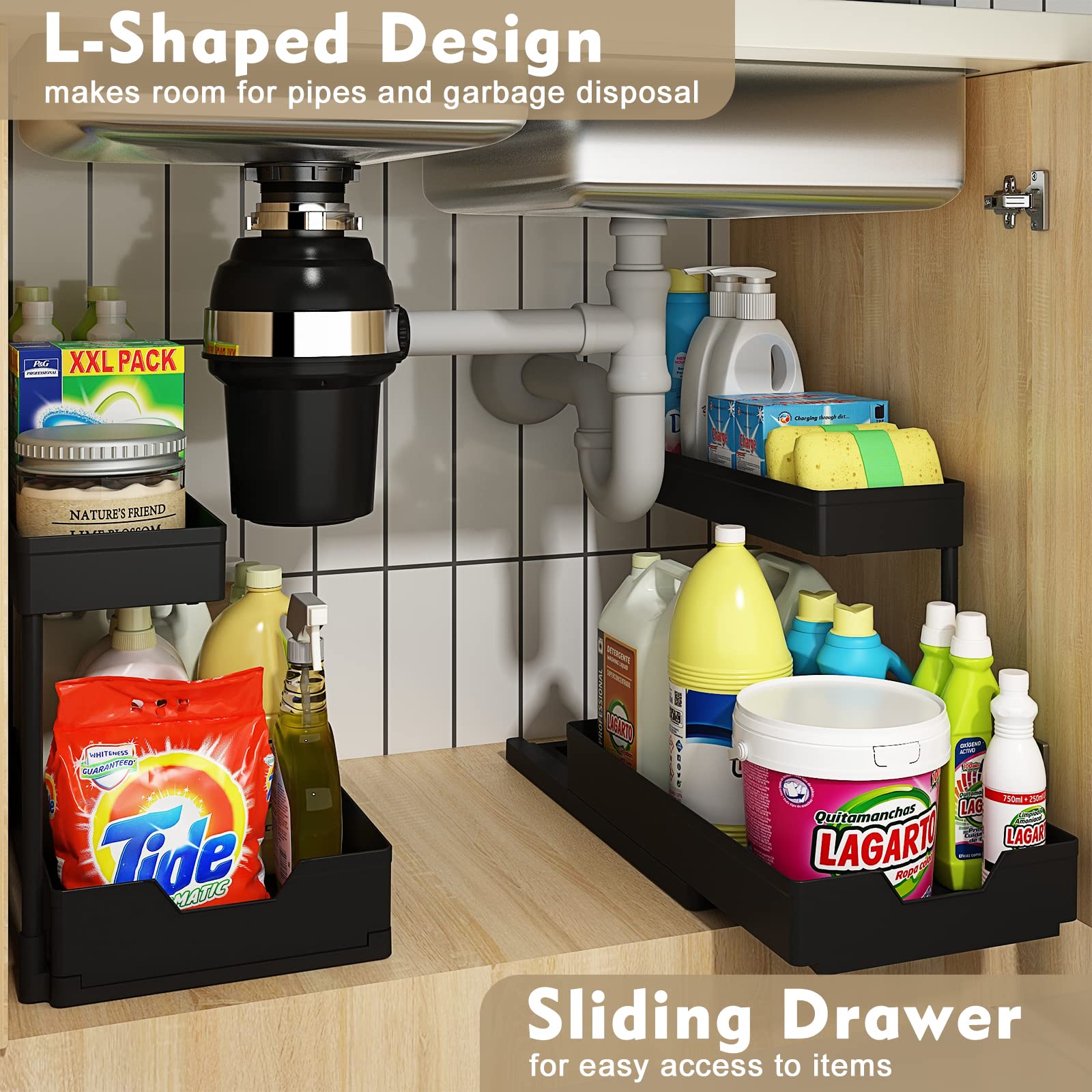 REALINN Under Sink Organizers and Storage, 2 Pack Slide out Kitchen Under Sink Storage Rack, Bathroom Cabinet Organizer Baskets