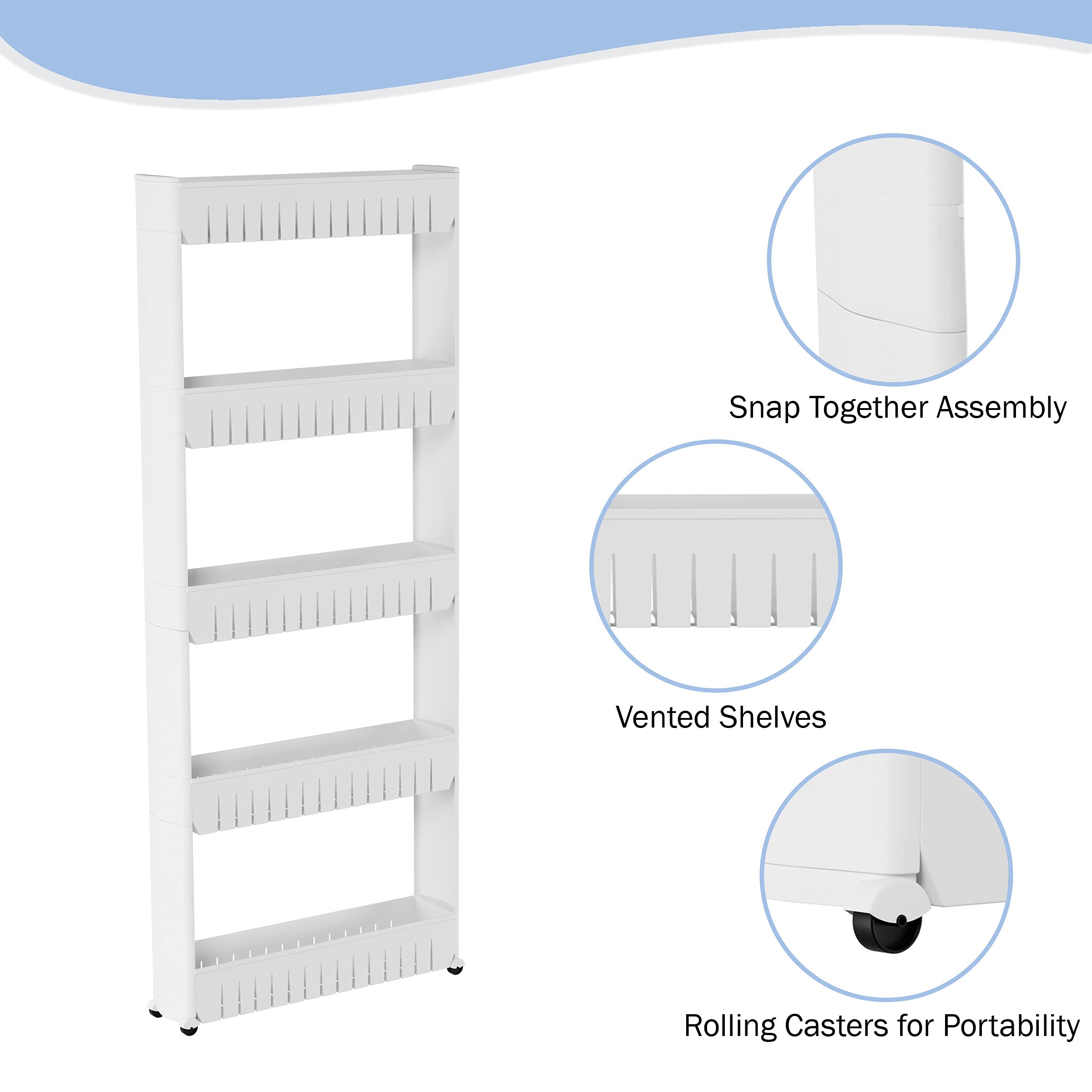 Mobile Shelving Unit Organizer with 5 Large Storage Baskets, Slim Slide Out Pantry Rack for Narrow Spaces by Everyday Home