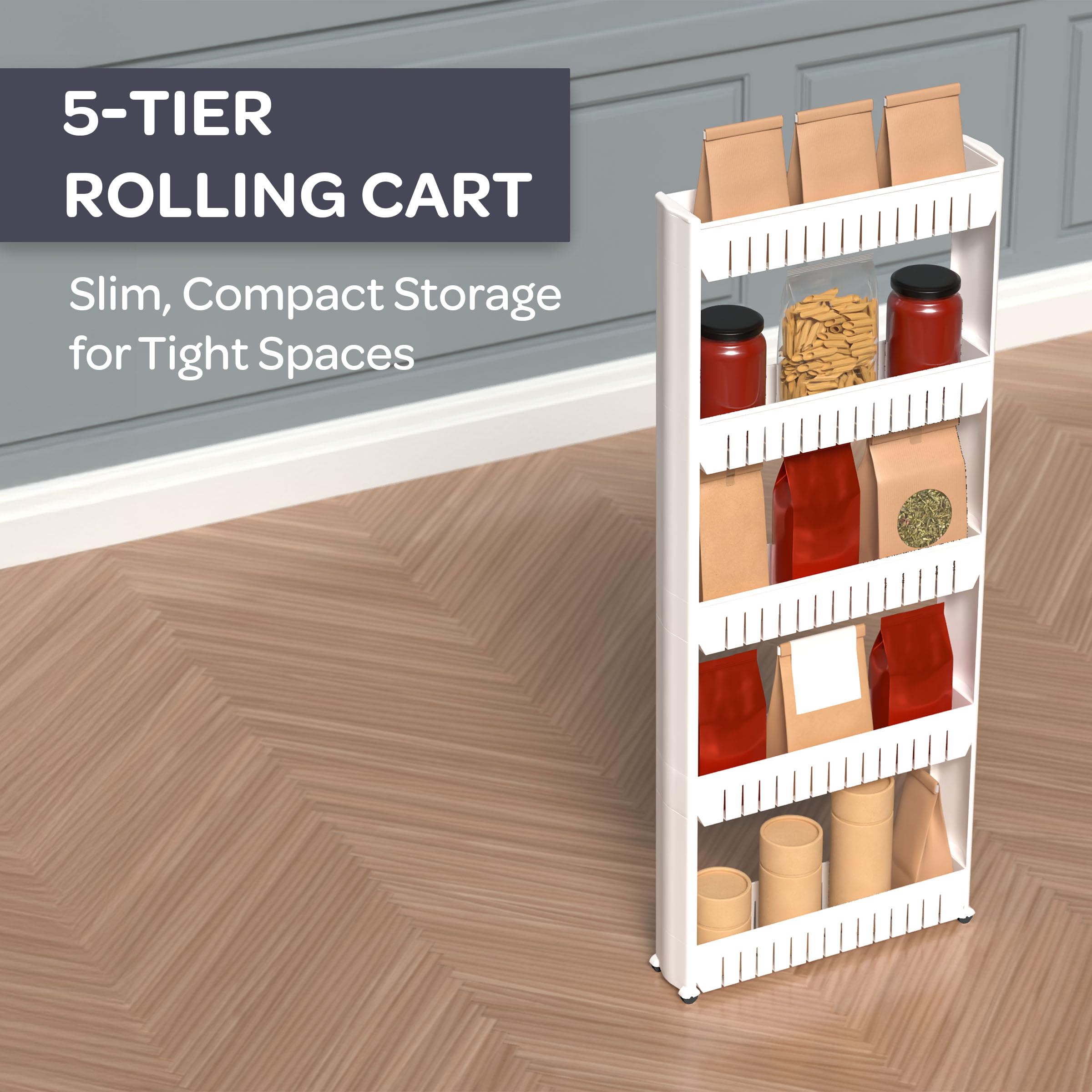 Mobile Shelving Unit Organizer with 5 Large Storage Baskets, Slim Slide Out Pantry Rack for Narrow Spaces by Everyday Home