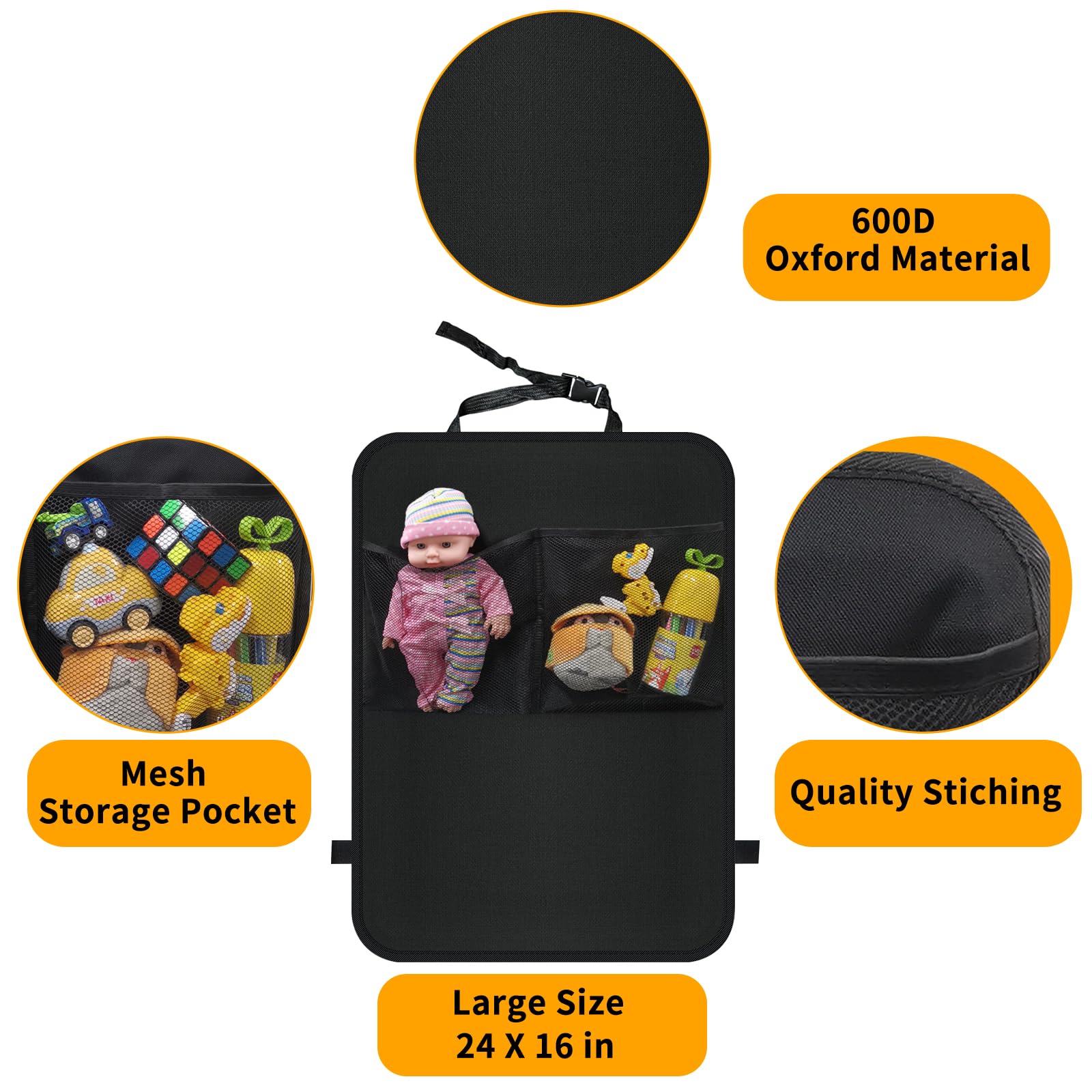 Kick Mats with Organizer - 2 Pack Backseat Protector Seat Covers for Your Car, SUV, Minivan or Truck Seats - Vehicle Back Seat Kids Safety Accessories - Universal Fit Automotive Interior Protectors