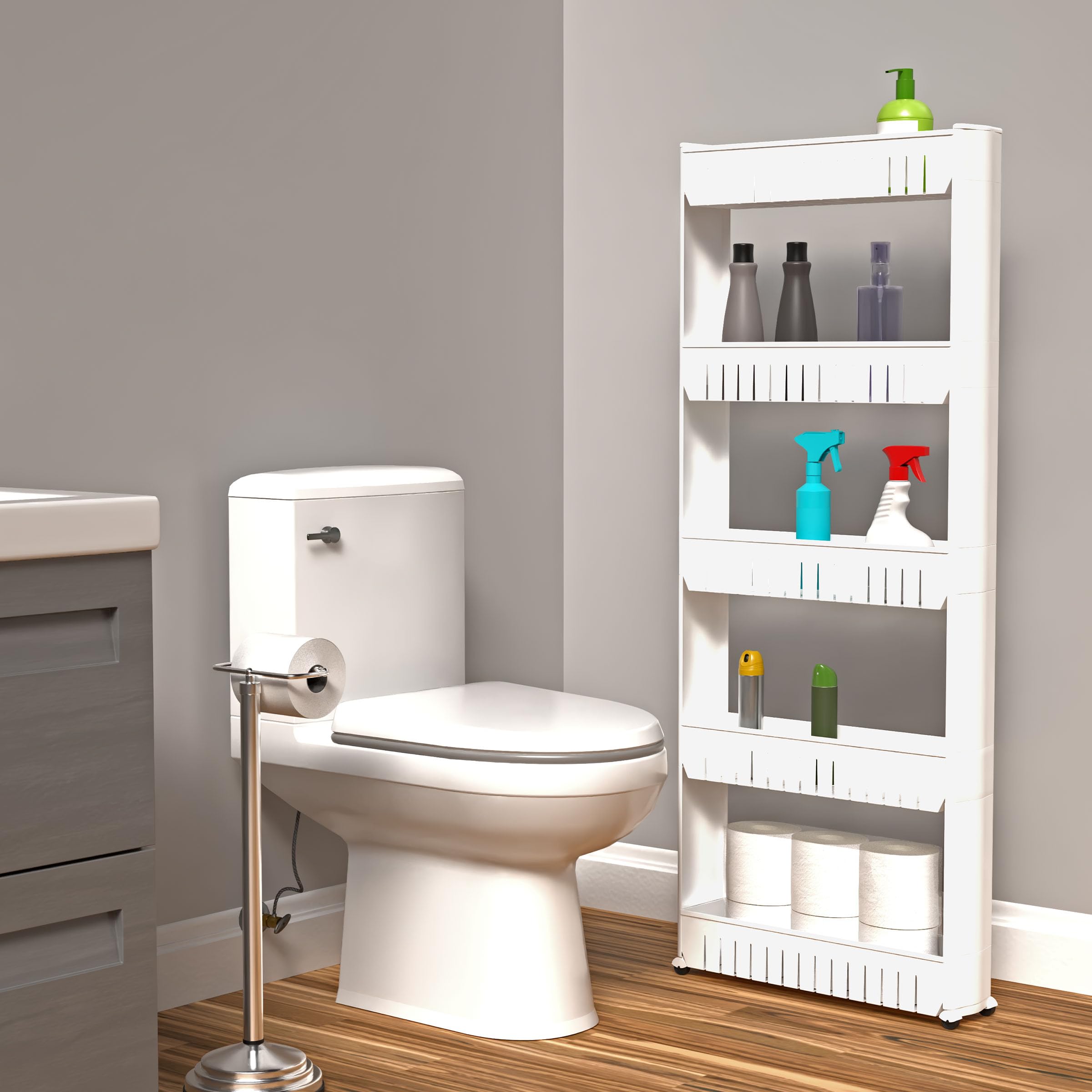 Mobile Shelving Unit Organizer with 5 Large Storage Baskets, Slim Slide Out Pantry Rack for Narrow Spaces by Everyday Home