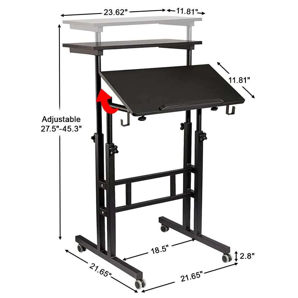 SIDUCAL Mobile Stand Up Desk, Adjustable Laptop Desk with Wheels Home Office Workstation, Rolling Desk Laptop Cart for Standing or Sitting, Black