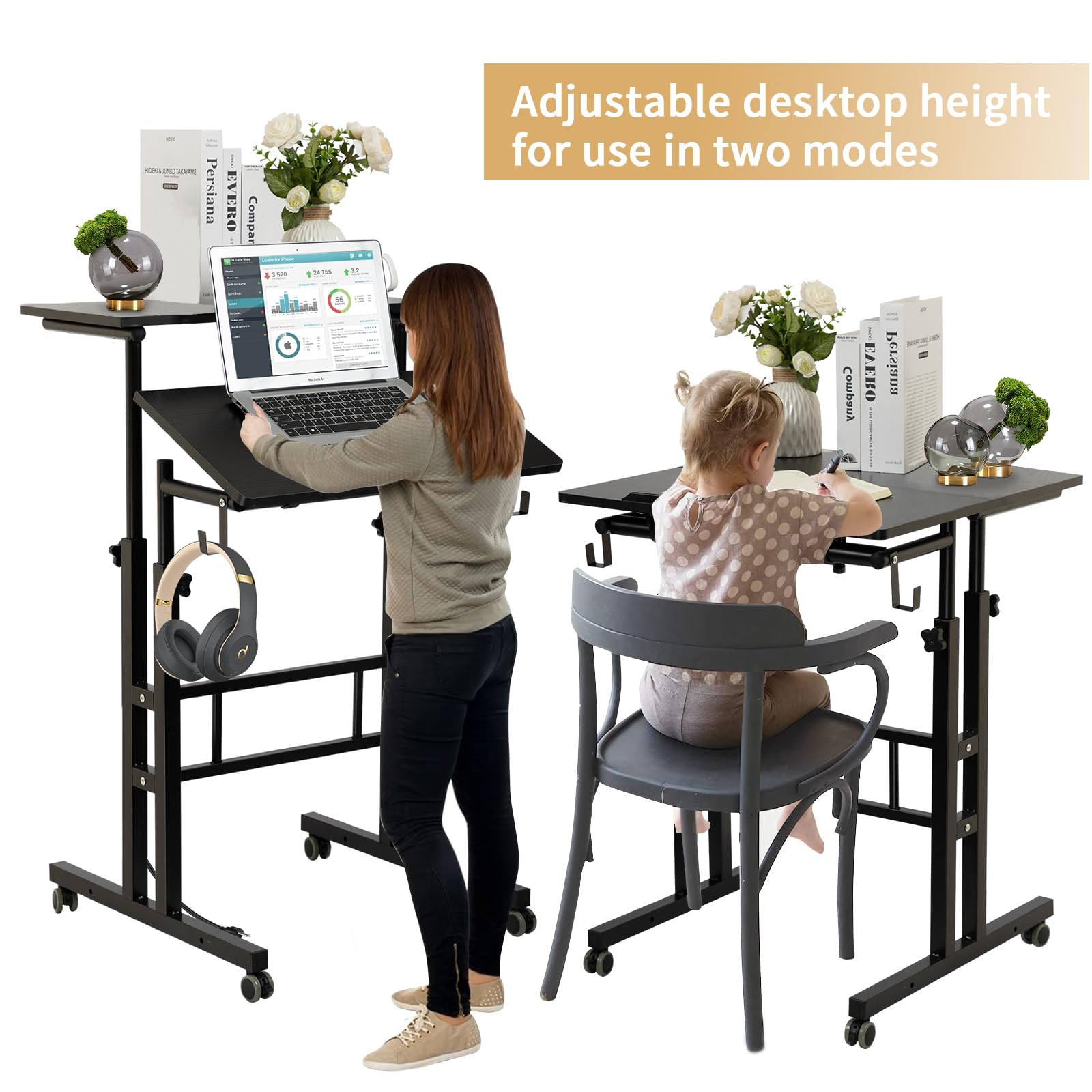 SIDUCAL Mobile Stand Up Desk, Adjustable Laptop Desk with Wheels Home Office Workstation, Rolling Desk Laptop Cart for Standing or Sitting, Black