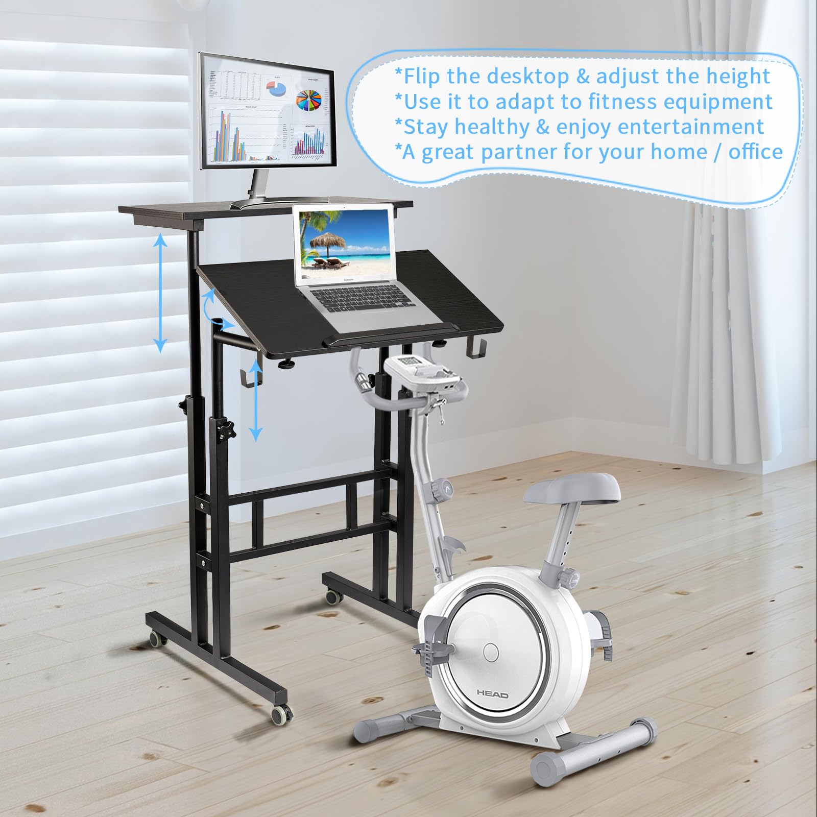 SIDUCAL Mobile Stand Up Desk, Adjustable Laptop Desk with Wheels Home Office Workstation, Rolling Desk Laptop Cart for Standing or Sitting, Black