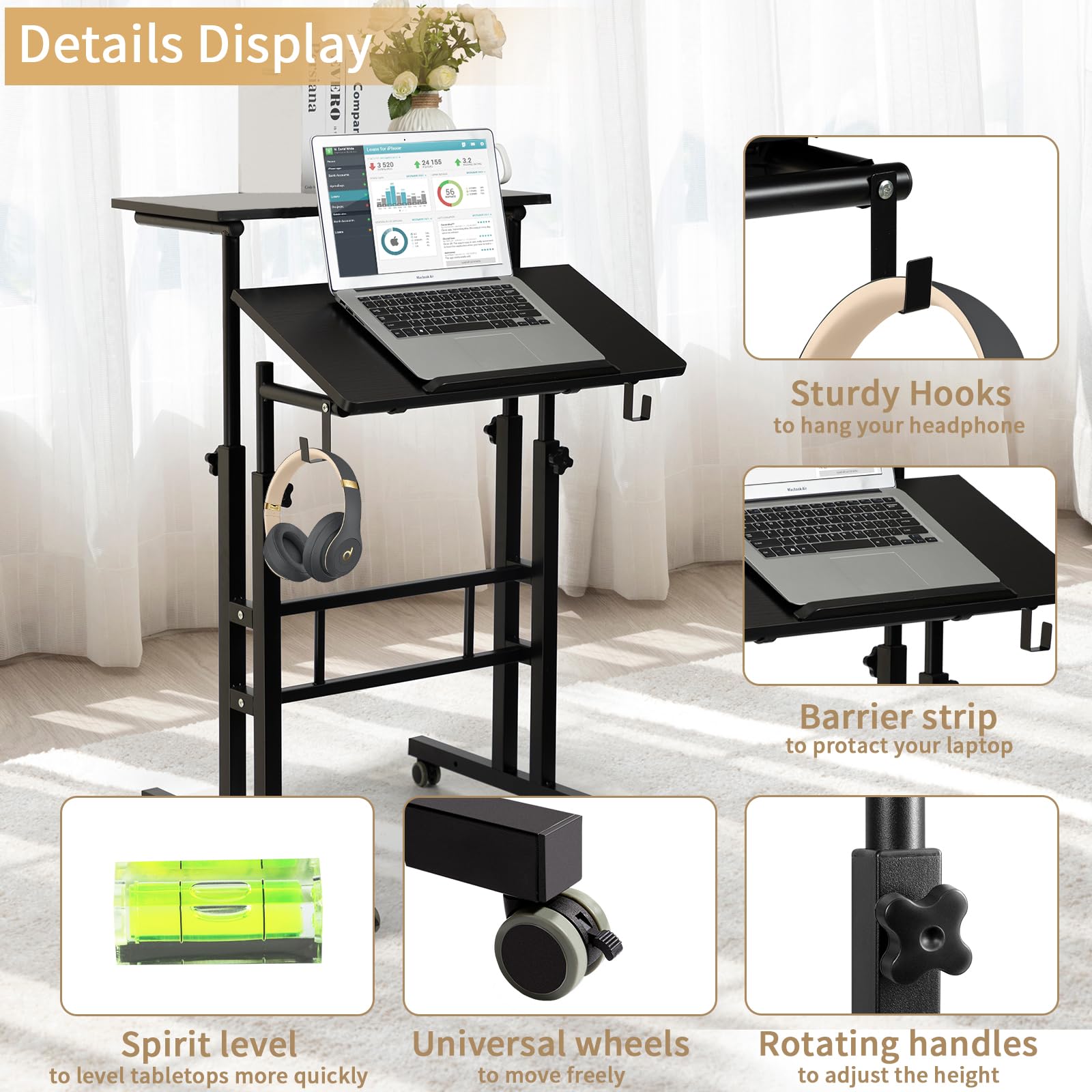 SIDUCAL Mobile Stand Up Desk, Adjustable Laptop Desk with Wheels Home Office Workstation, Rolling Desk Laptop Cart for Standing or Sitting, Black