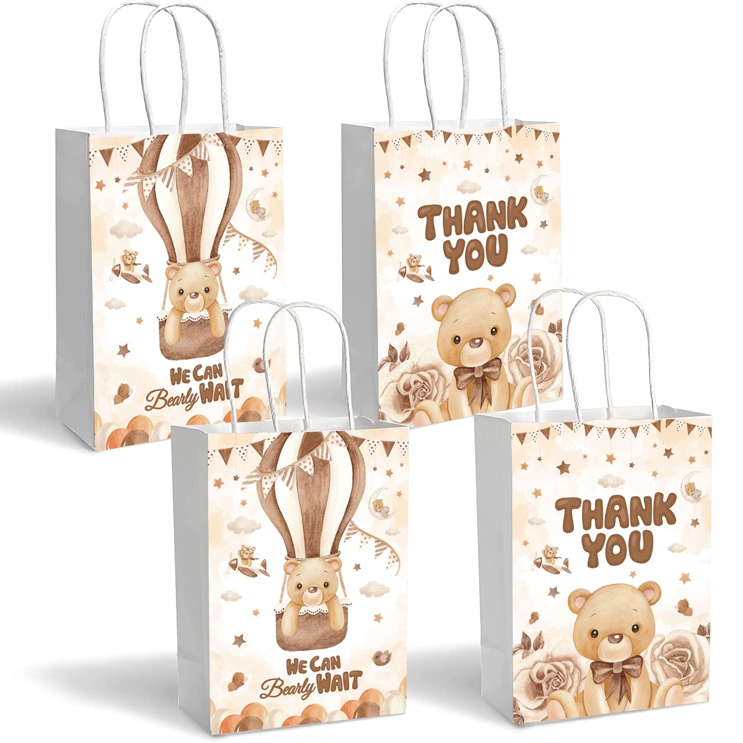 GREHUMOR Bear Baby Shower Decorations -Neutral Bear Baby Shower Paper Bags We Can Bearly Wait Gift Bags with Handles Thank You Gift Bags