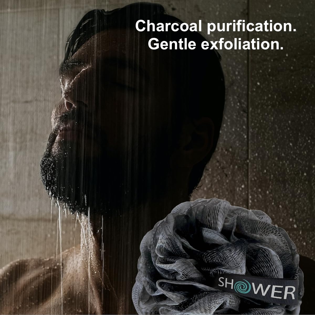 Loofah-Charcoal Back-Scrubbers 2-Pack-by-Shower-Bouquet: Long-Handle Bath-Sponge-Brushes with Extra Large Soft Mesh for Men & Women - Exfoliate with Full Pure Cleanse in Bathing Accessories
