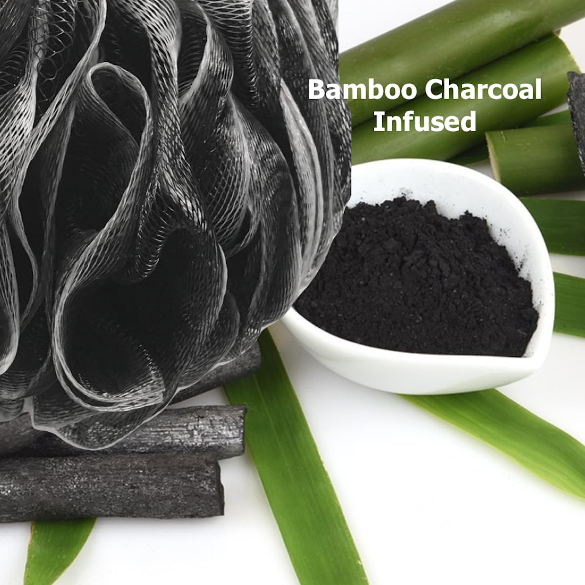 Loofah-Charcoal Back-Scrubbers 2-Pack-by-Shower-Bouquet: Long-Handle Bath-Sponge-Brushes with Extra Large Soft Mesh for Men & Women - Exfoliate with Full Pure Cleanse in Bathing Accessories