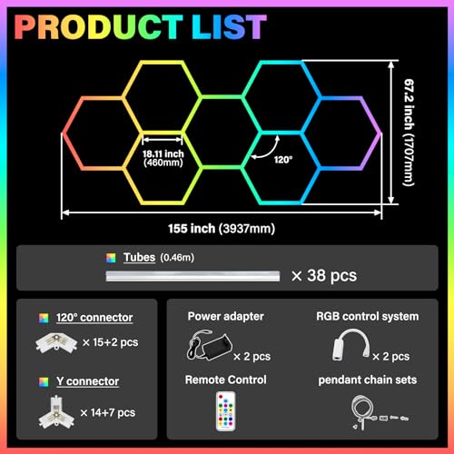 ALLYES RGB Hexagon Lights - 358 Color Modes Gaming Lights with Remote Controller, DIY Honeycomb LED Lights for Garage, Party, Bar, Gym, Music Studio, 7 Pack