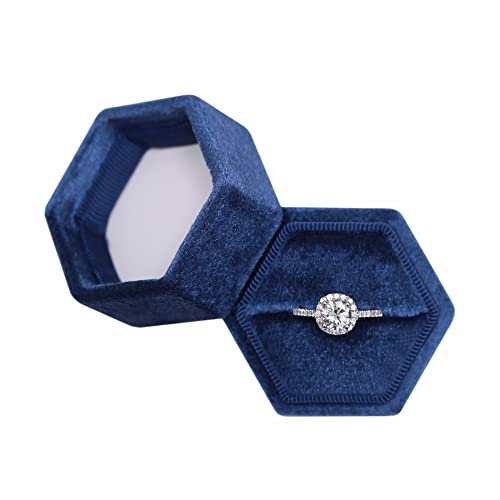 BLUTETE Hexagon Velvet Jewelry Single Slot Ring Box Engagement Wedding Box Keepsake Box Bridal Photo Ring (Navy)