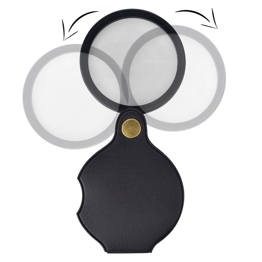 6X Mini Pocket Magnifying Glass Folding Pocket Magnifier Loupe with Rotating Protective Holster Leather Pouch for Reading,Science Class,Hobby (Black), 60mm/2.4"