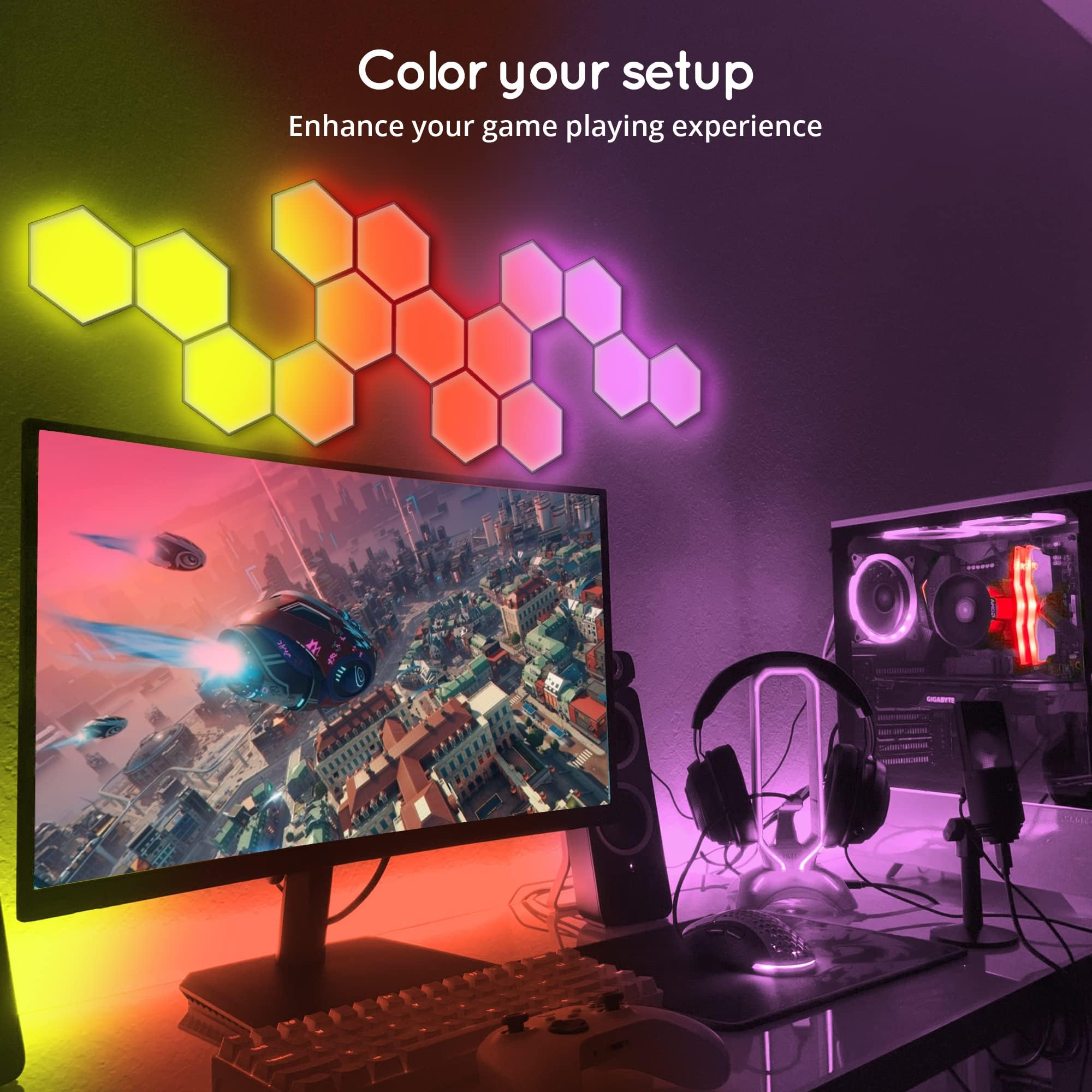 Lumoonosity LED Hexagon Lights - Dream Color Hexagon LED Light - Music Sync Color Changing Hexagon Wall Lights - RGB Hexagon Lights for Bedroom, Gaming Room - Cool Hexagon Wall Panels