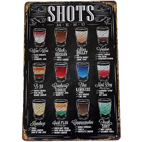 Cocktail Shots Menu Retro Vintage Bar Metal Tin Sign Poster Style Wall Art Pub Bar Decor 20 X 30 cm