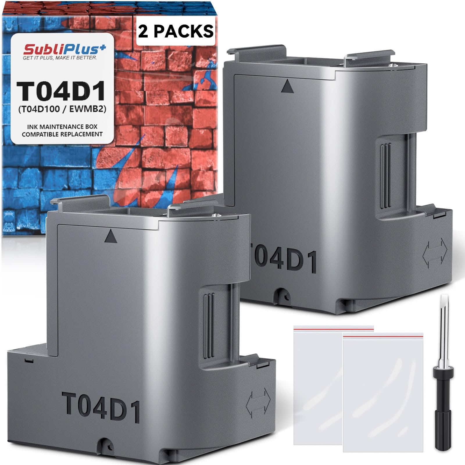 SubliPlus+ T04D1/T04D100 Ink Maintenance Box Replacement for ET-3750 ET-15000 ET-4760 ET-3760 XP-5100 ET-3850 ET-4850 WF-2860 ET-3710 ET-5150 ET-3830 etc. Printers (TO4D1/TO4D100/T04D1/EWMB2) 2 Packs